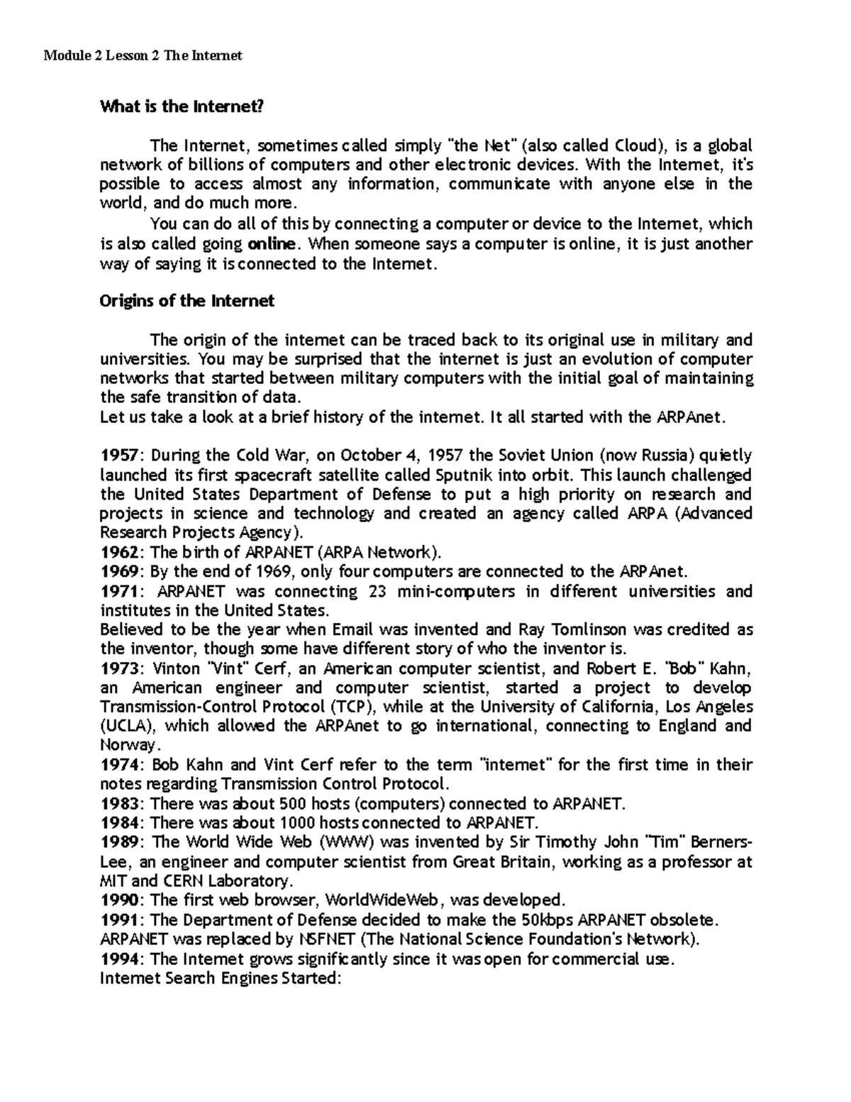 Module 2 Lesson 2: Understanding the Internet and Its Origins - Studocu