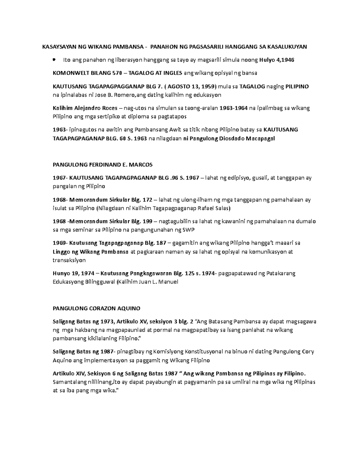 Kasaysayan ng Wikang Pambansa: Panahon ng Pagsasarili (Pagsusuri) - Studocu