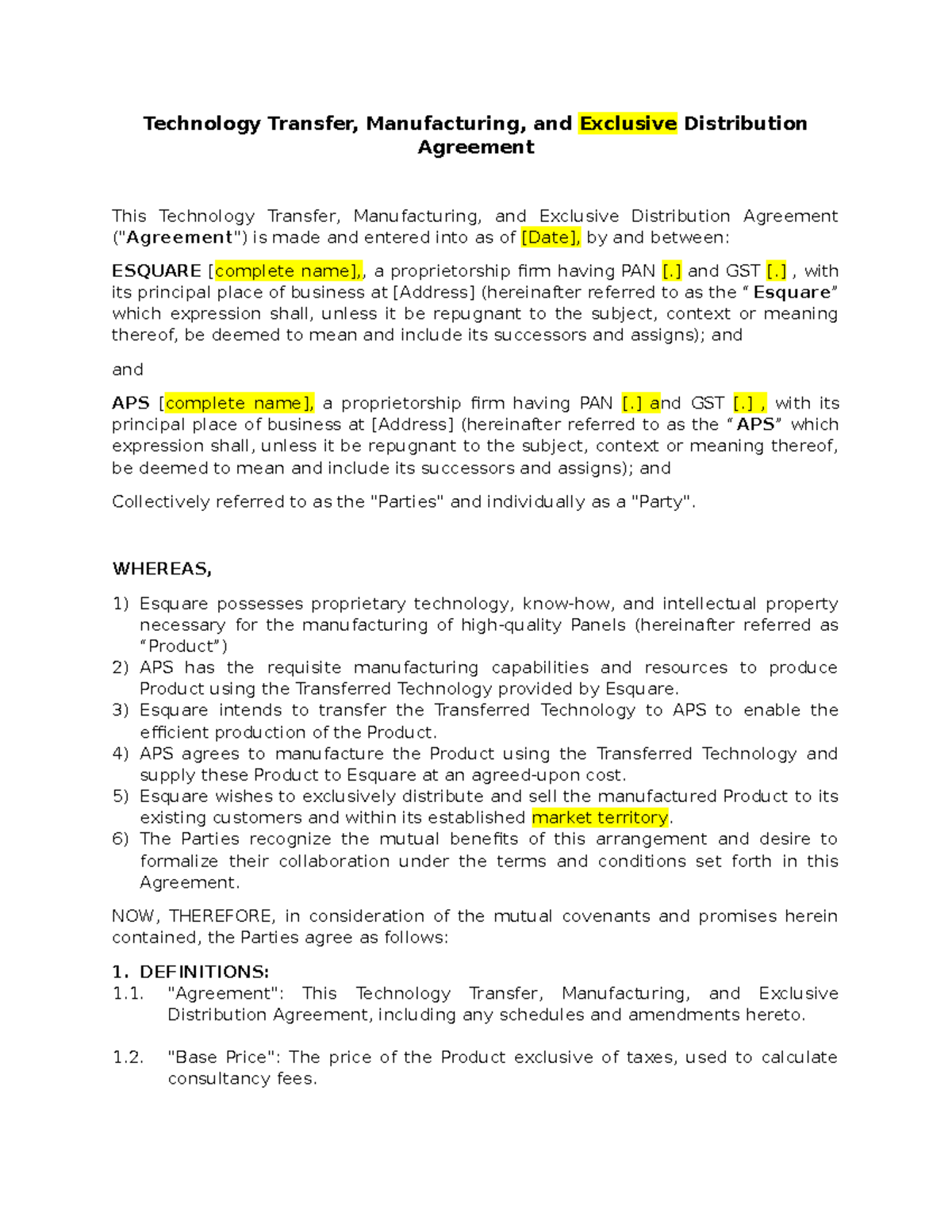 Technology Transfer, Manufacturing & Distribution Agreement - Studocu