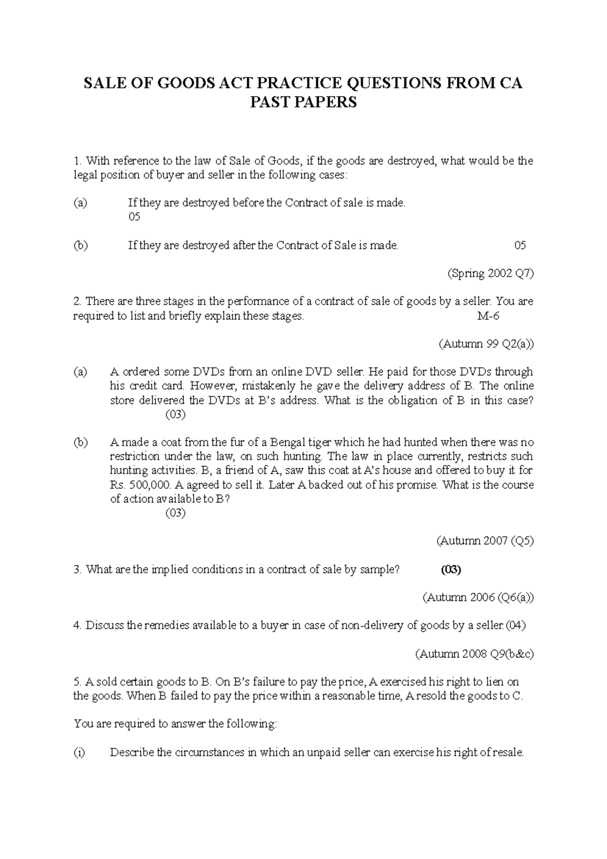 Sale of Goods Act Practice Qs from CA Past Papers: Essential Guide ...