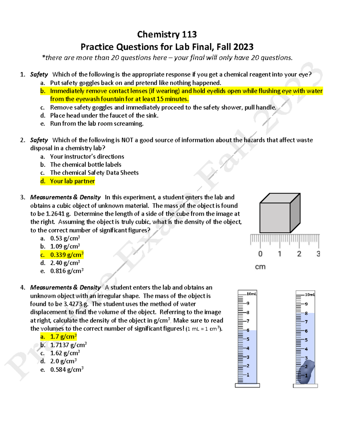 Chemistry 113 Lab Final Practice Questions with Solutions - Fall 2023 ...