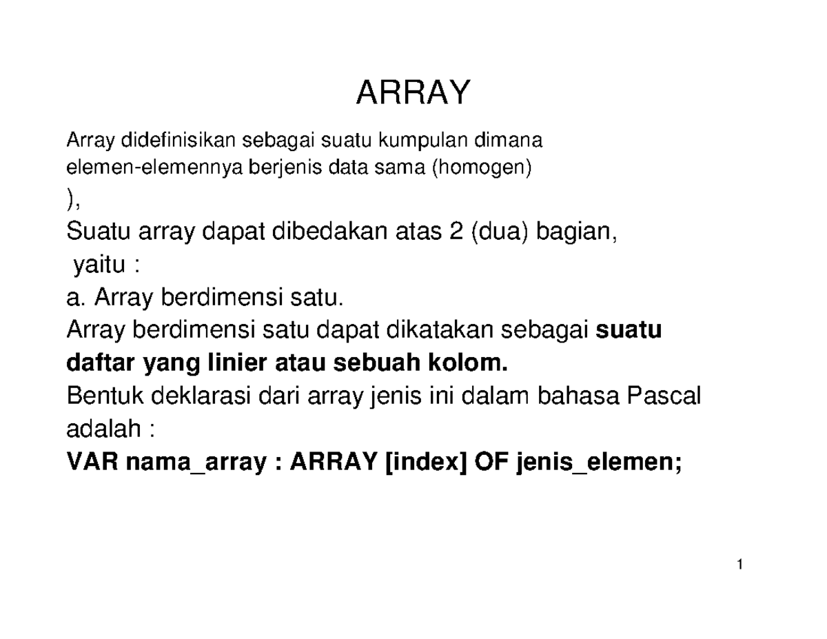 Array Dalam Algoritma Dan Pemrograman Array Didefinisikan Sebagai