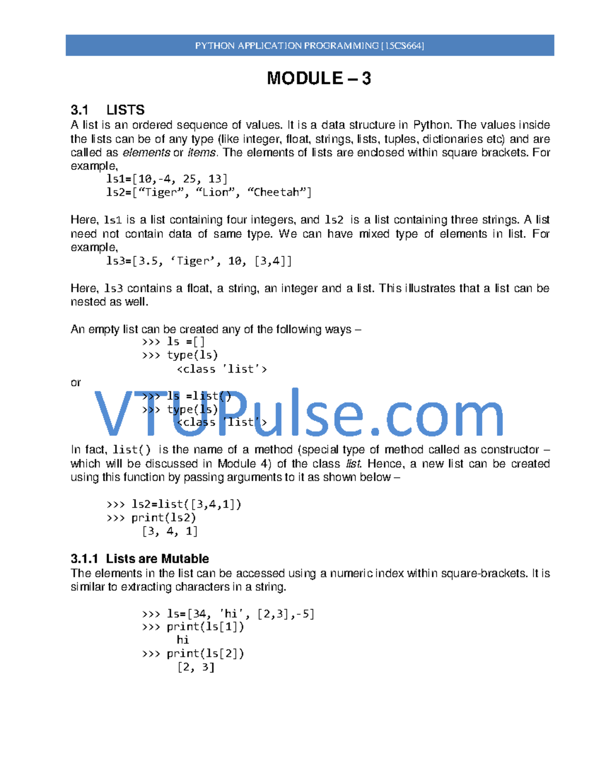 Python Application Programming: Module 3 - Lists and Dictionaries (18CS752) - Studocu