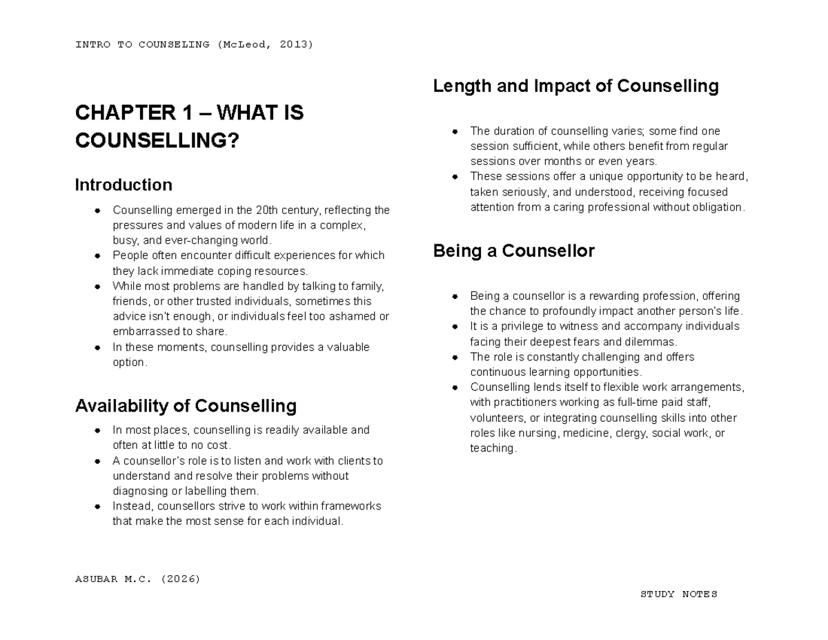 ASUBAR M.C. (2026) STUDY NOTES: Intro to Counseling - Chapter 1 ...