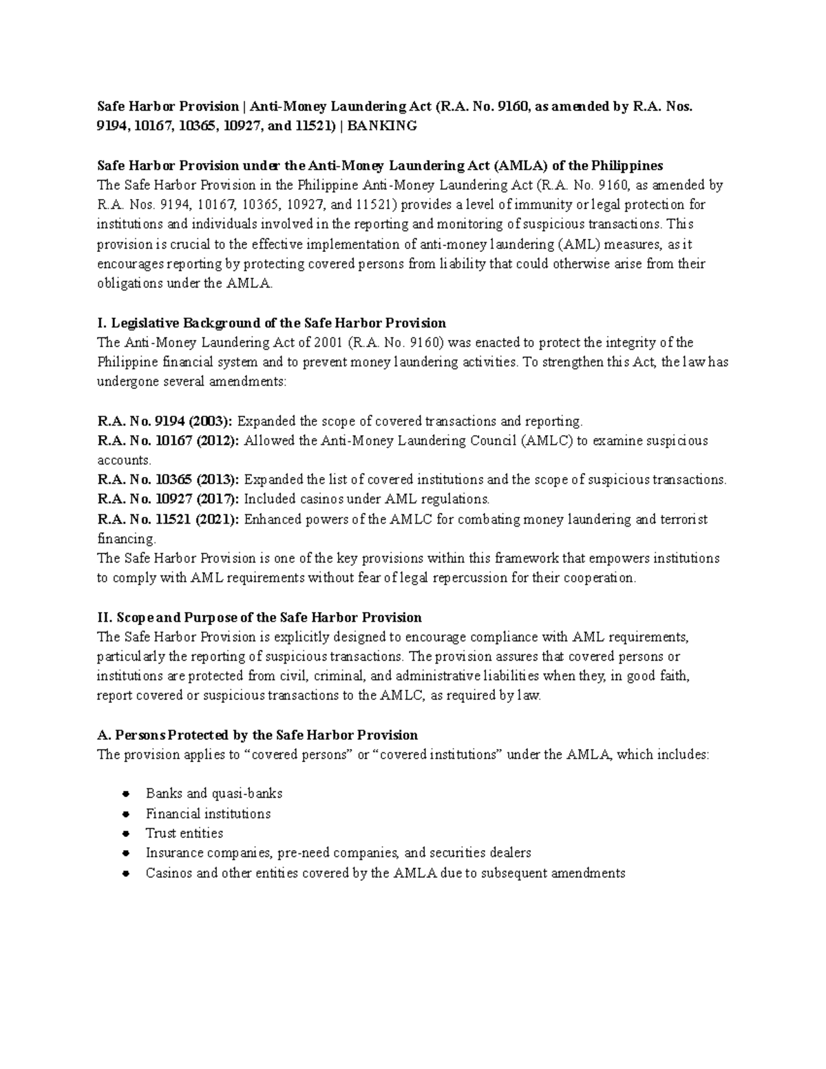 Safe Harbor Provision under AMLA (R.A. No. 9160) Overview - Studocu