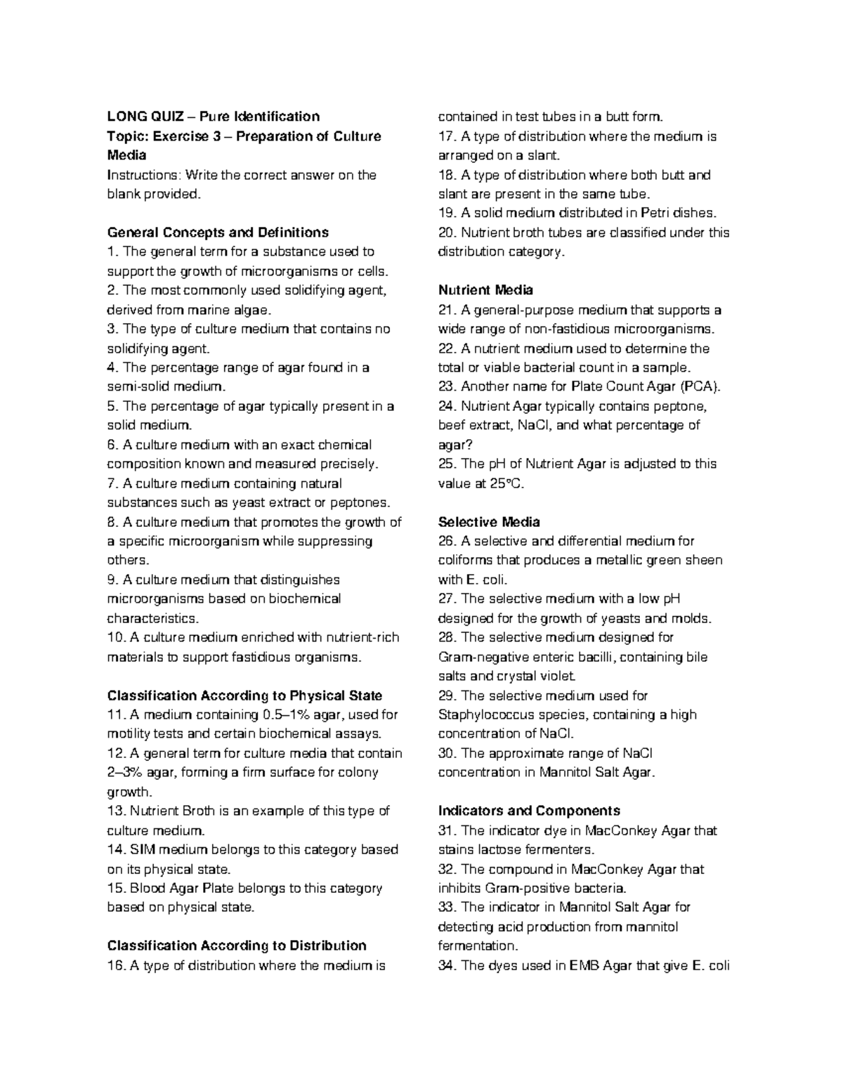 LONG QUIZ: Exercise 3 - Pure Identification of Culture Media - Studocu