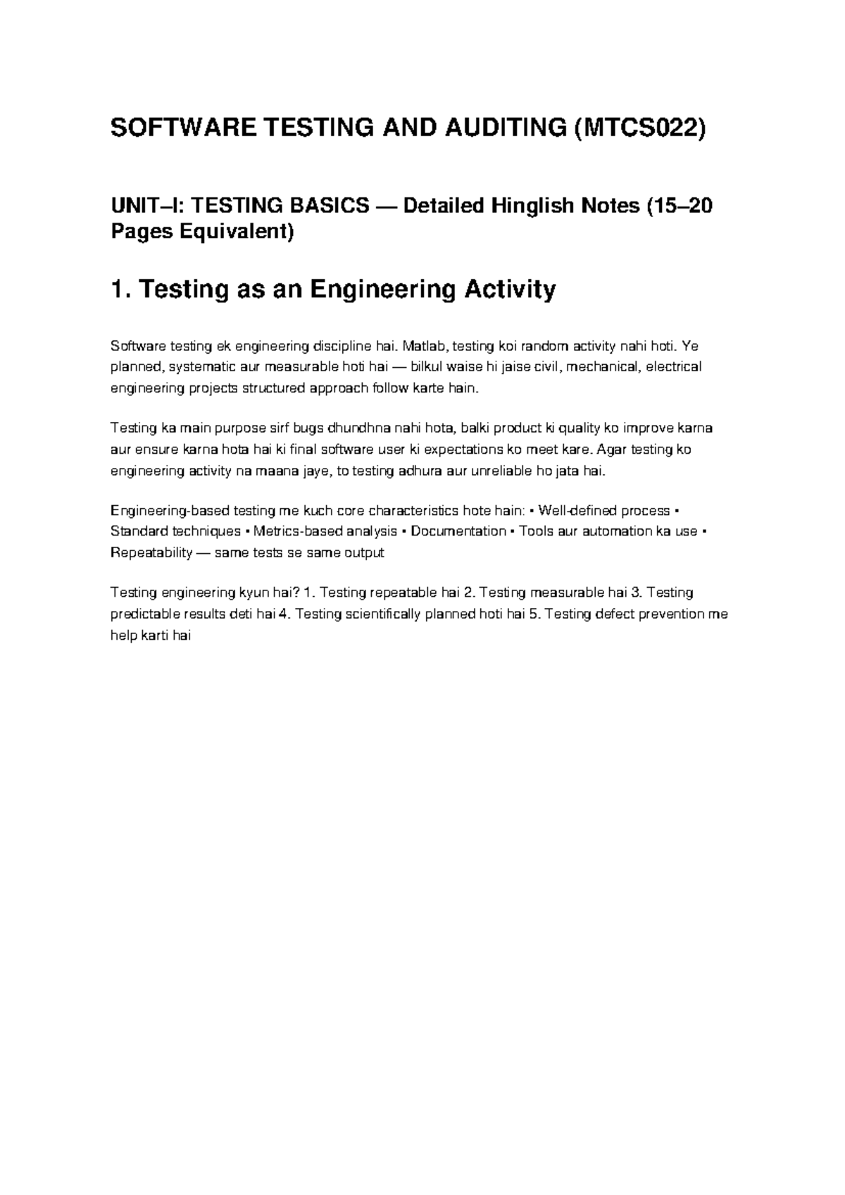 SOFTWARE TESTING AND AUDITING (MTCS022) Detailed Hinglish Notes - Studocu