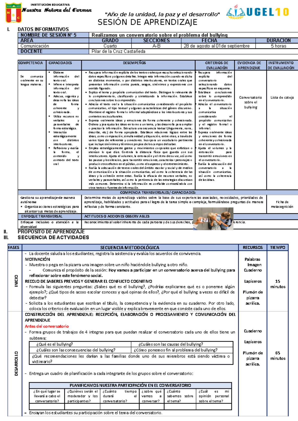 Conversatorio sobre Bullying - Sesión de Aprendizaje N° 5 - Studocu
