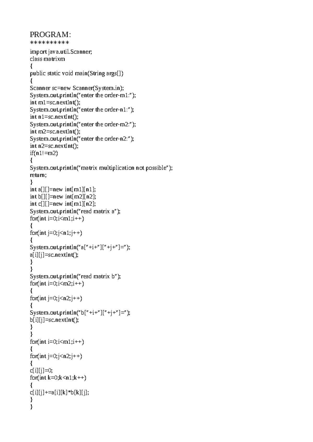 Java Matrix Multiplication Program and Output - Studocu