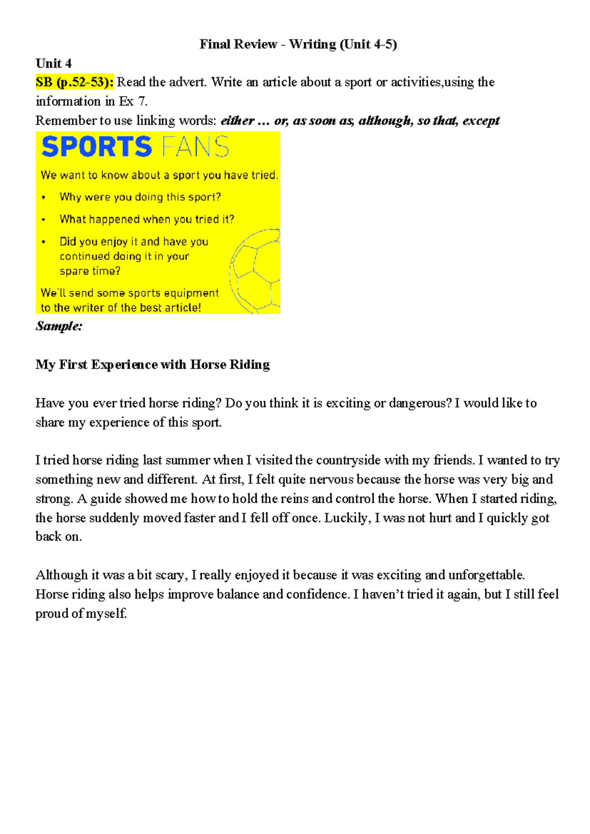Final Review Writing: Article on Sports & Activities (Unit 4) - Studocu