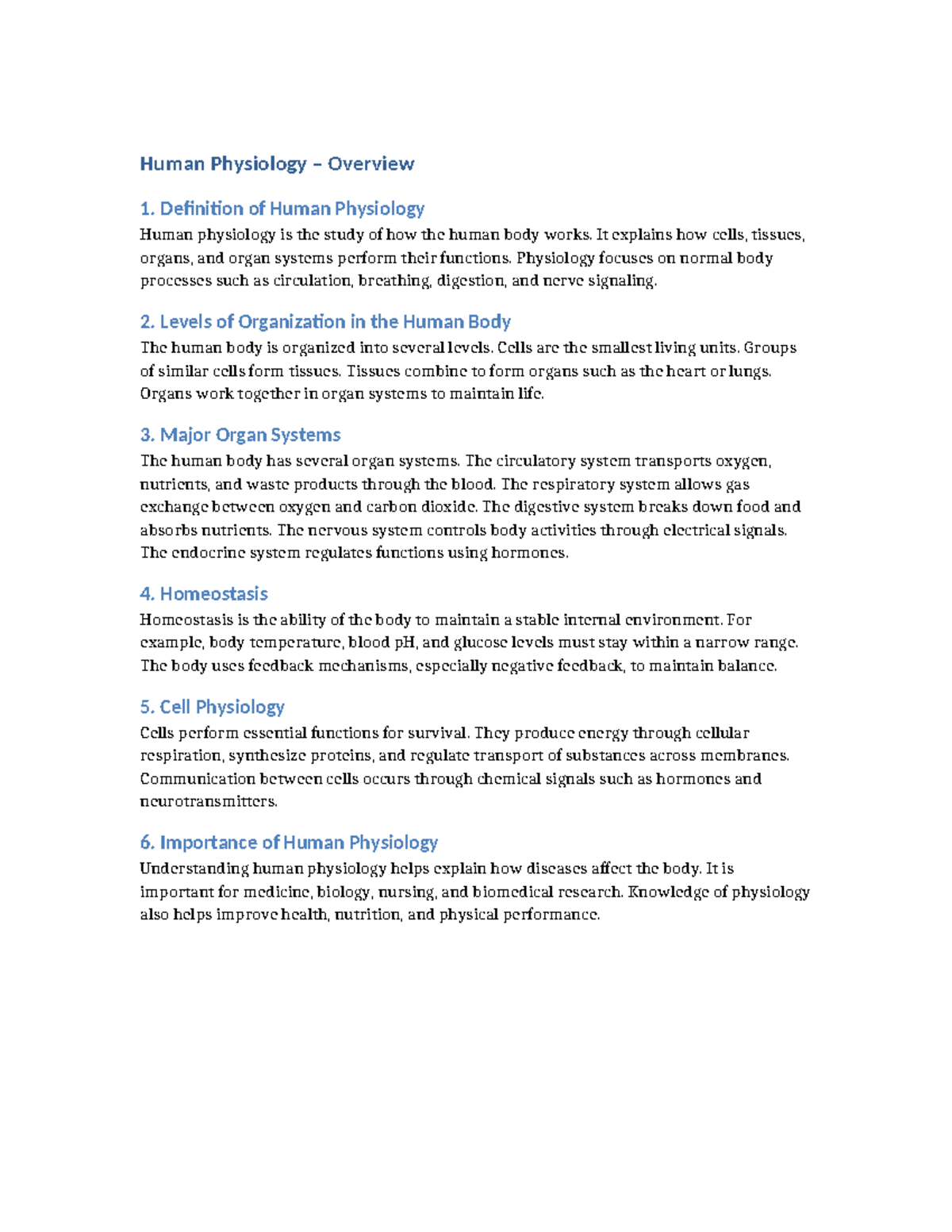 Human Physiology Overview: Key Concepts and Organ Systems - Studocu