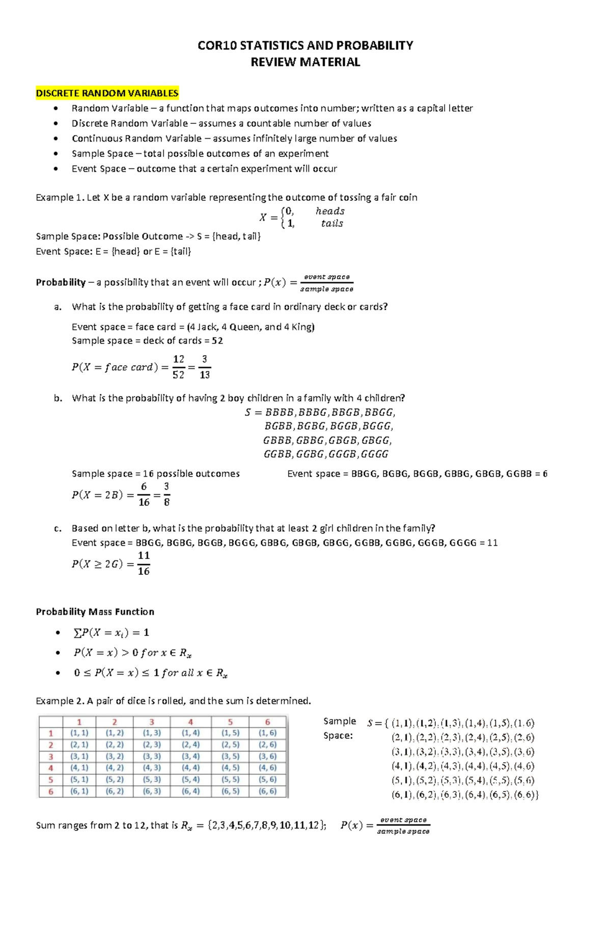 ## COR10 Statistics Review Material: Discrete Random Variables and ...