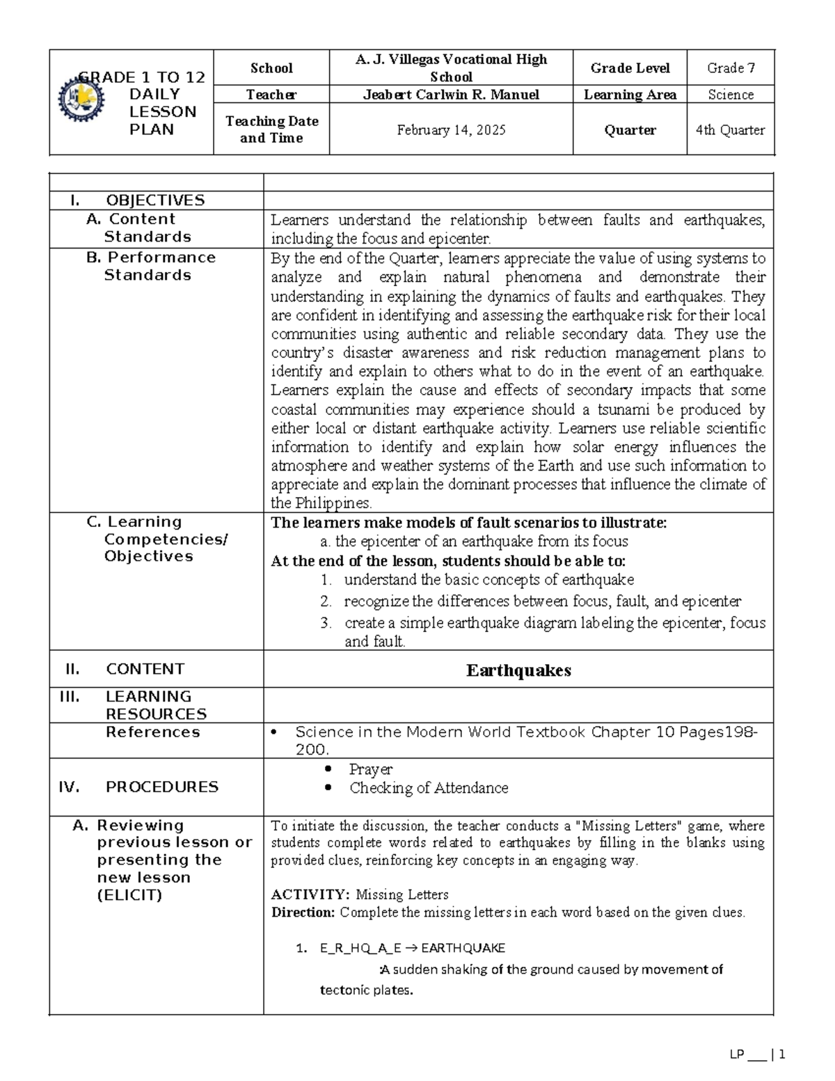 Grade 7 Science Lesson Plan: Understanding Earthquakes and Faults - Studocu