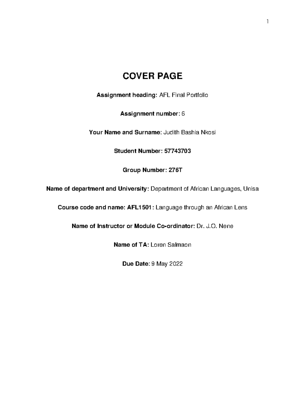 AFL1501 Final Portfolio Assessment 6 by Judith Nkosi (57743703) - Studocu
