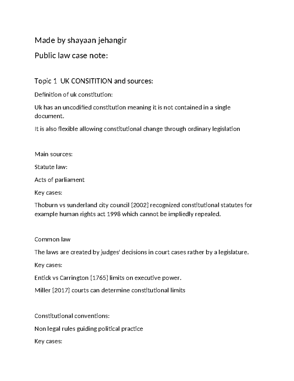 Public Law Case Note: UK Constitution and Key Principles - Studocu