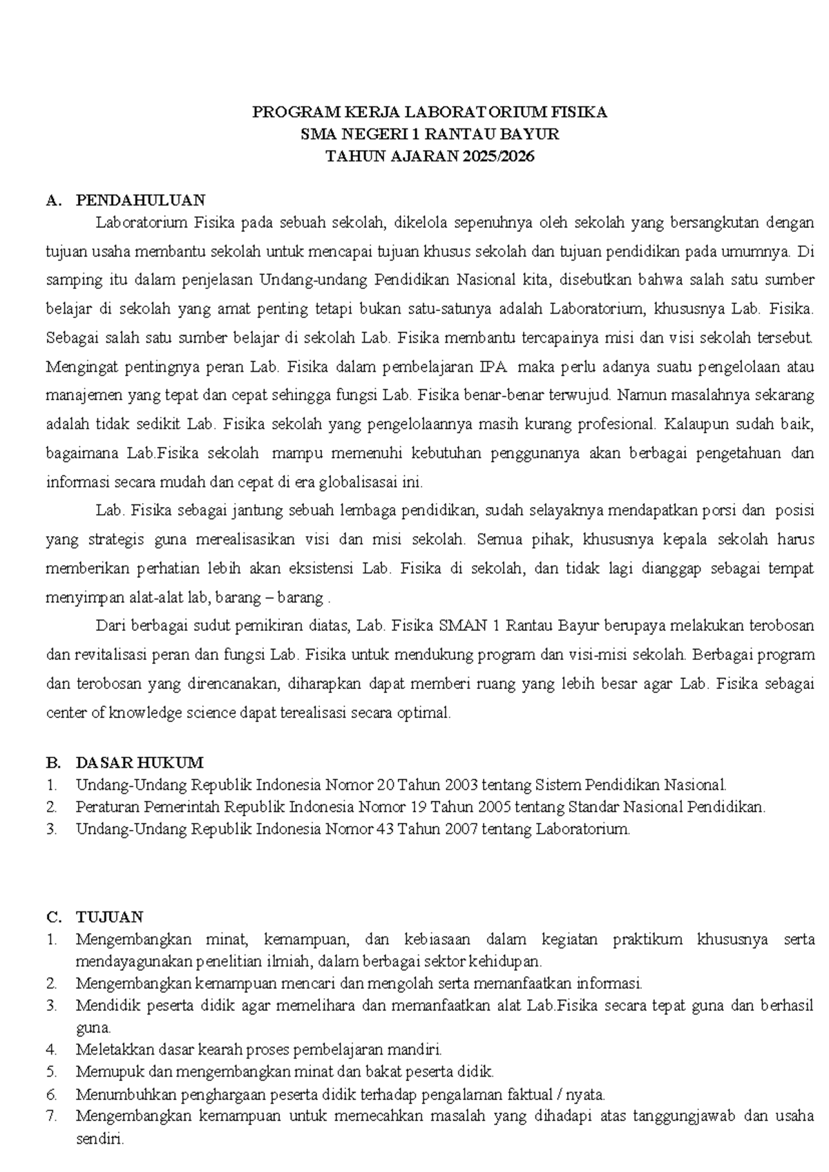 Program Kerja Lab. Fisika SMA Negeri 1 Rantau Bayur Tahun Ajaran 2023 ...
