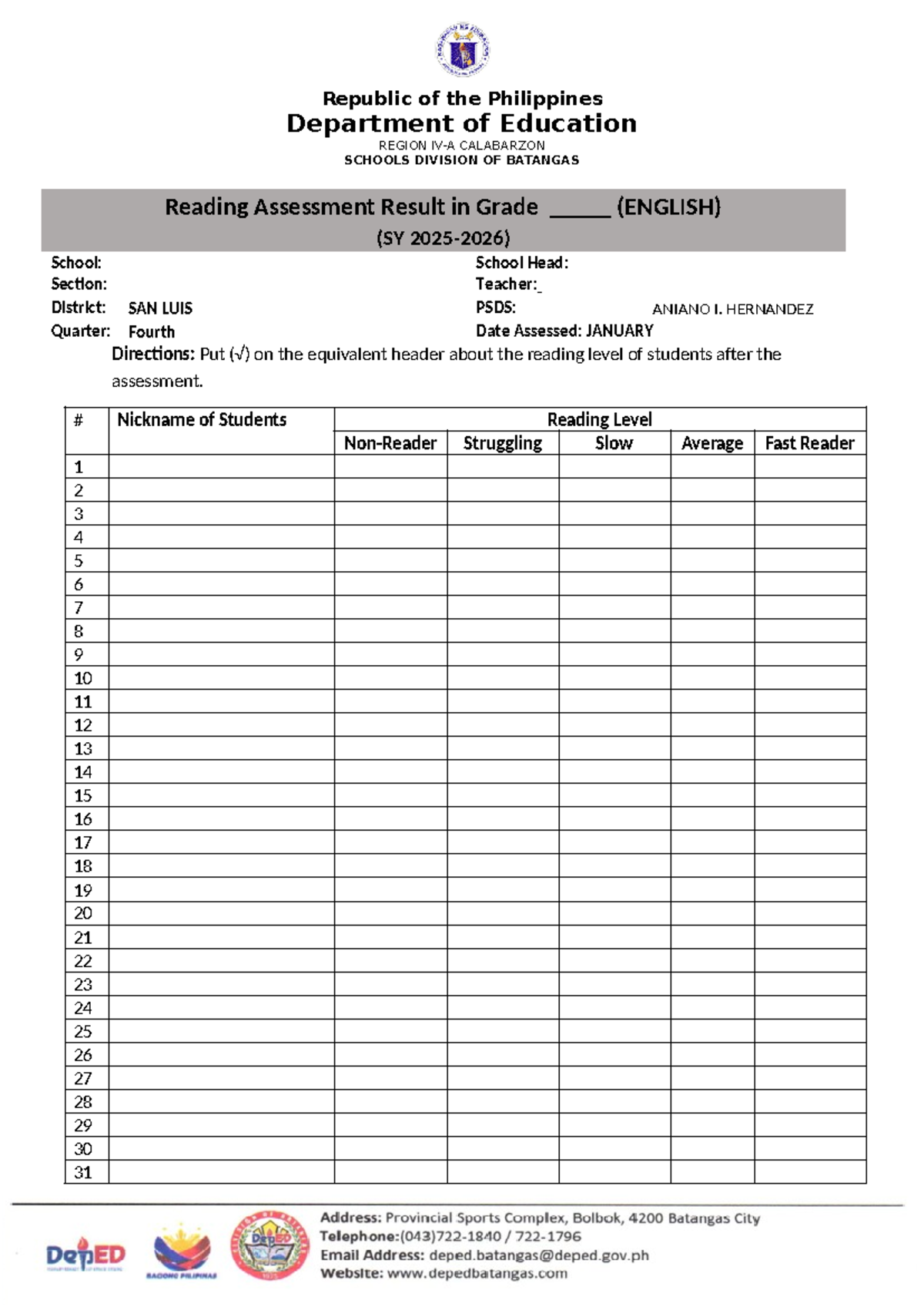 Reading Assessment Results for Grade (ENGLISH) - 4th Quarter - Studocu