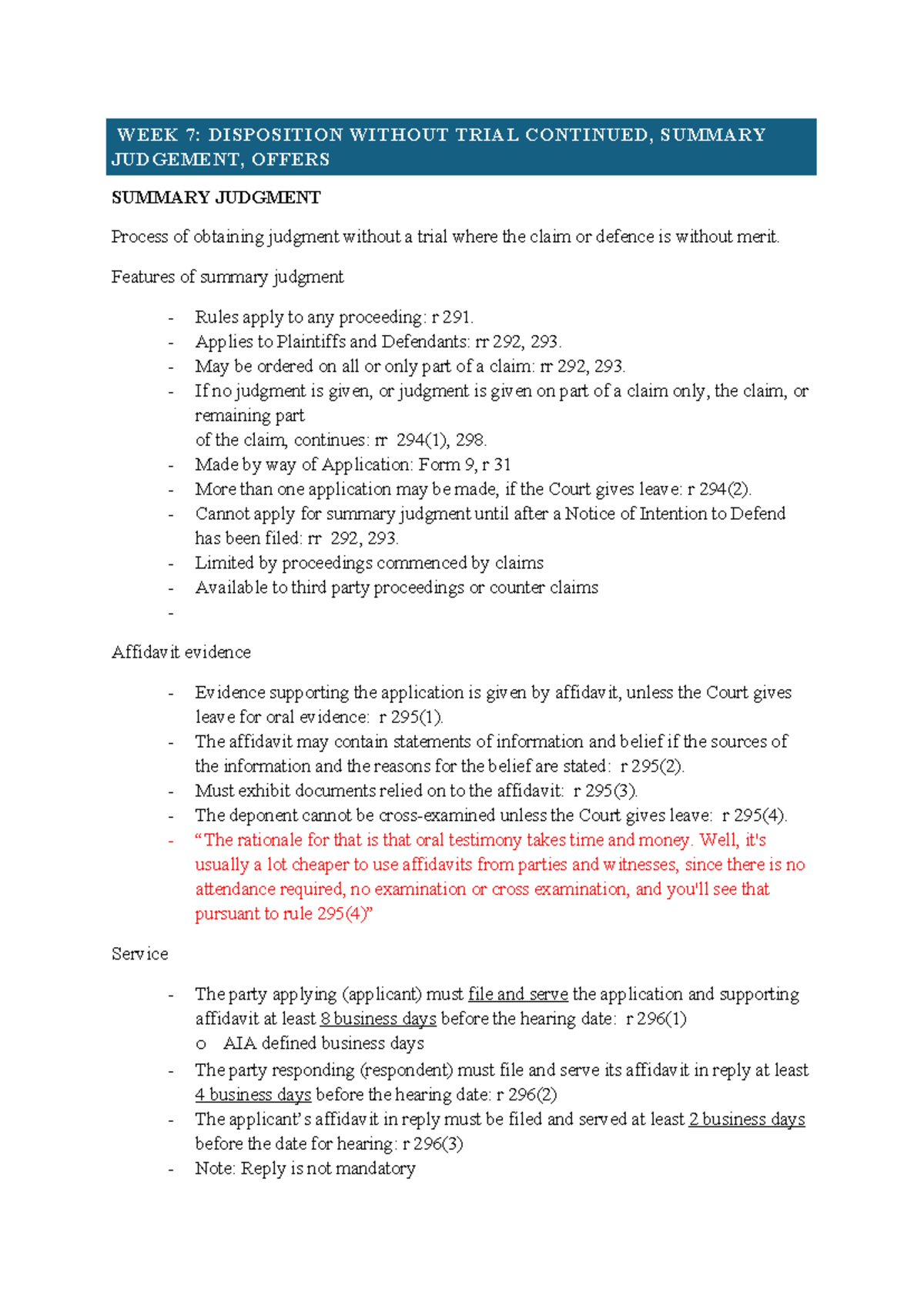 LLB304 Week 7 Lecture: Summary Judgment and Discontinuance Rules - Studocu