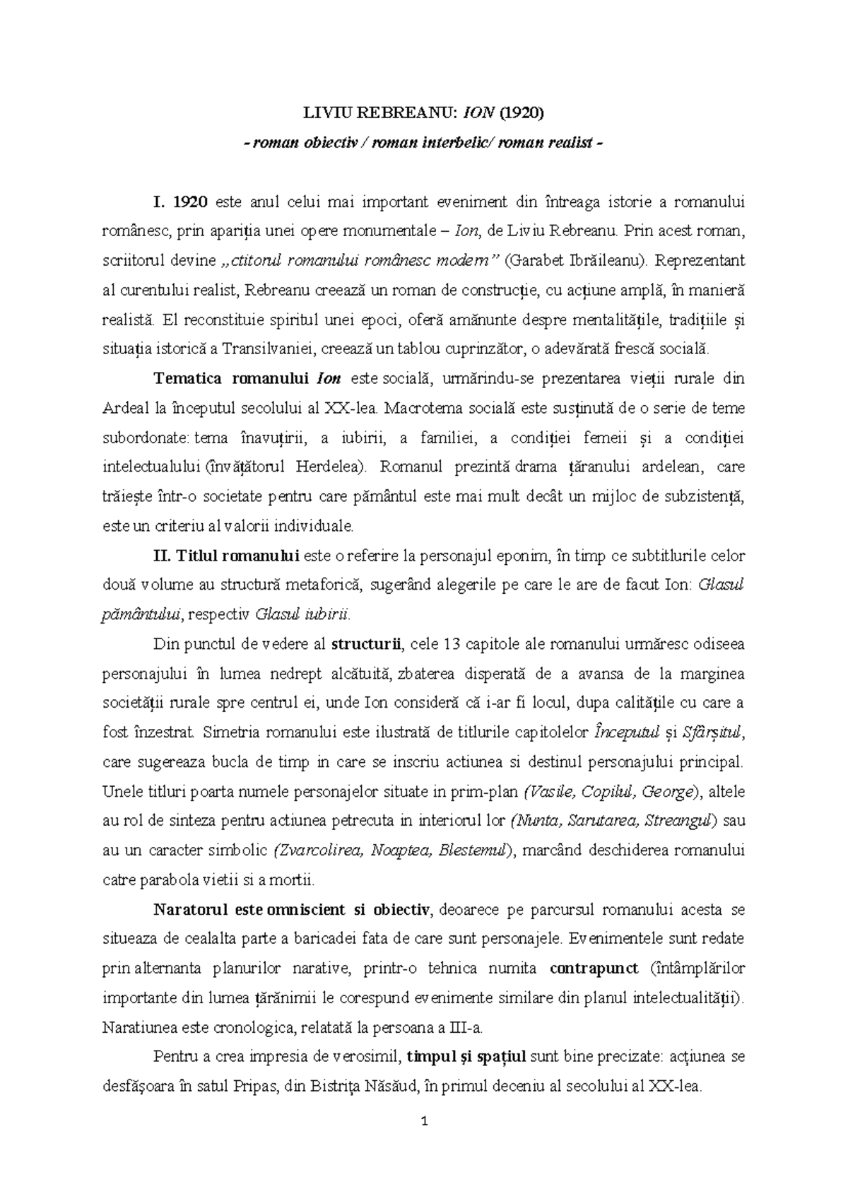 LIVIU REBREANU: ION (1920) - Analiză a Romanului Realist - Studocu