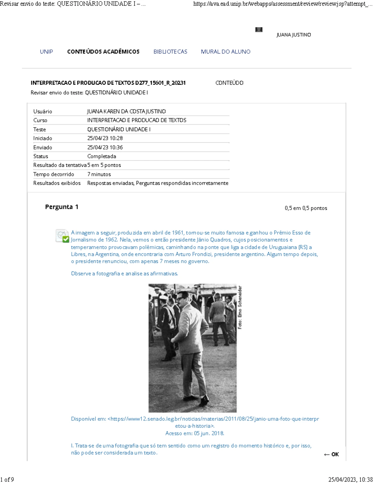 Questionário Unidade I: Interpretação de Textos - D277_13701_R_20251_01 ...