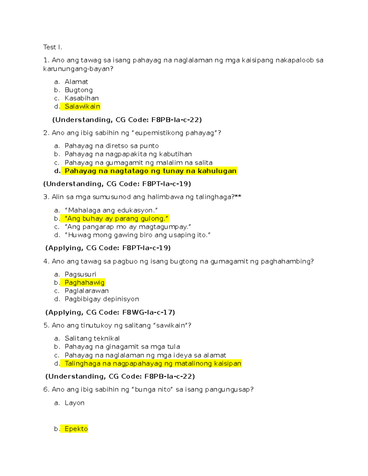 Filipino exam 8 - Copy - EXAM - Test I. Ano ang tawag sa isang pahayag ...