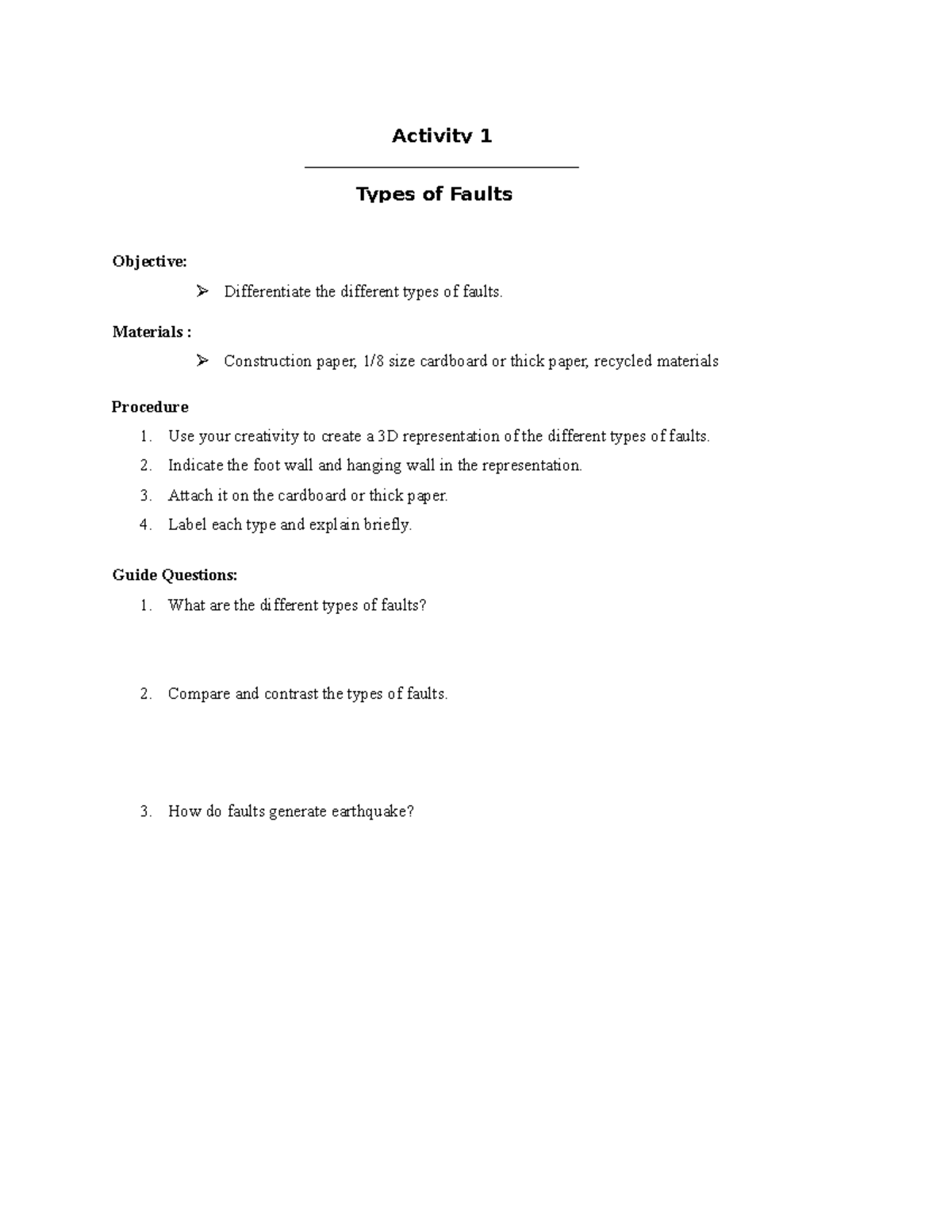 Types of Faults: Sample Questions and Earthquake Activities - Studocu