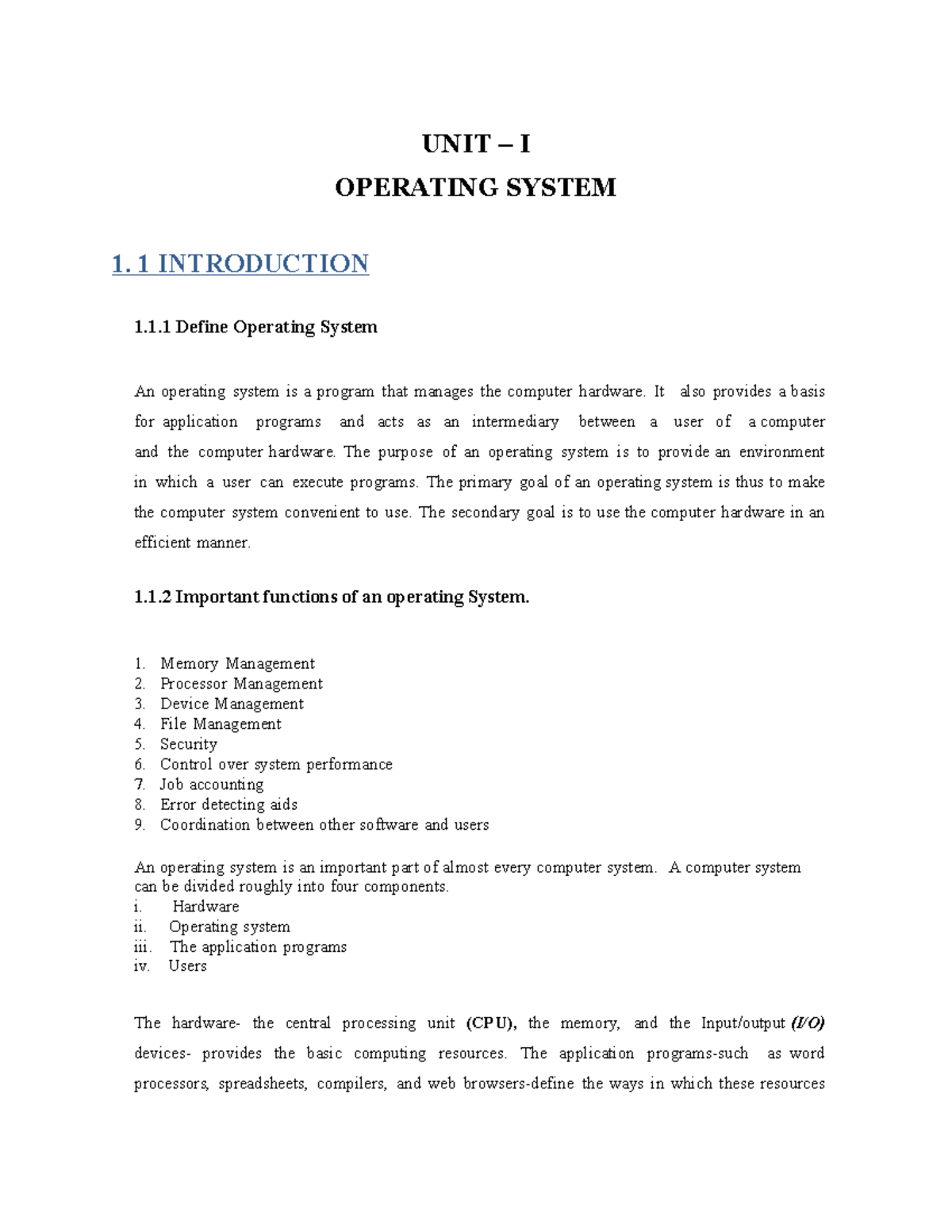 AOS UNIT 1 - Introduction to Operating Systems and Deadlocks - Studocu