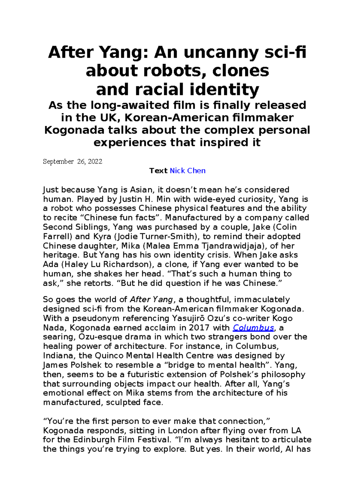 After Yang: Exploring Identity, AI, and Race in Kogonada's Film - Studocu