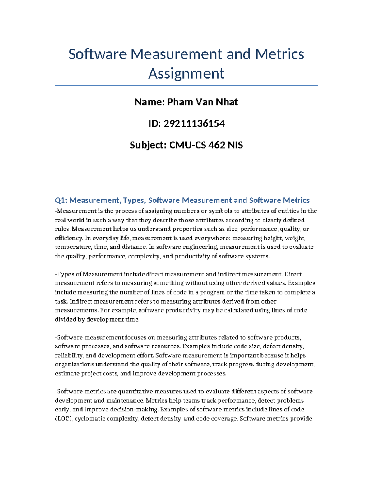 Software Measurement and Metrics Assignment - 462 NIS - Studocu
