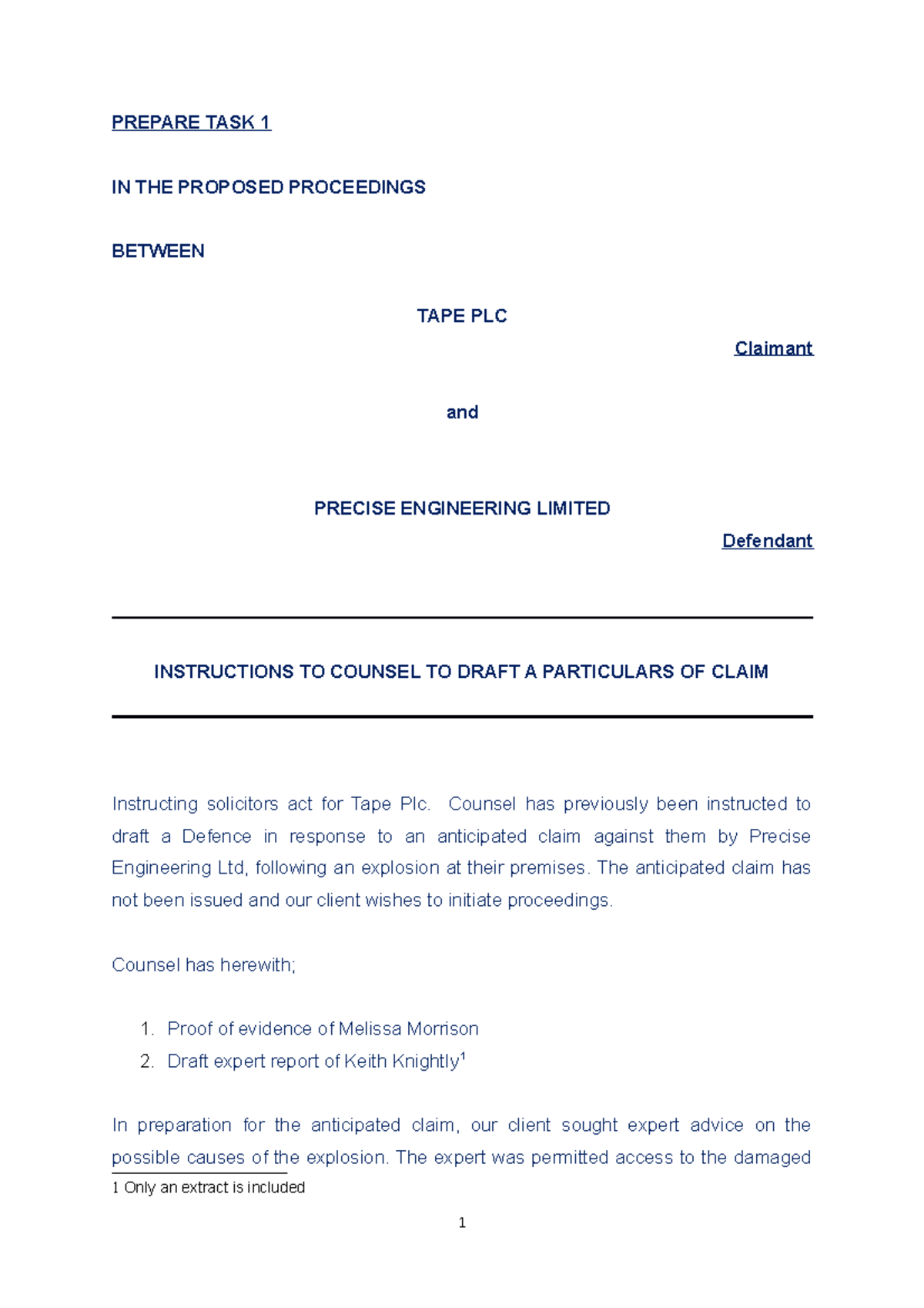 2324 Skill Civ Unit 09 CE01 Tape v Precise Engineering Claim Drafting ...