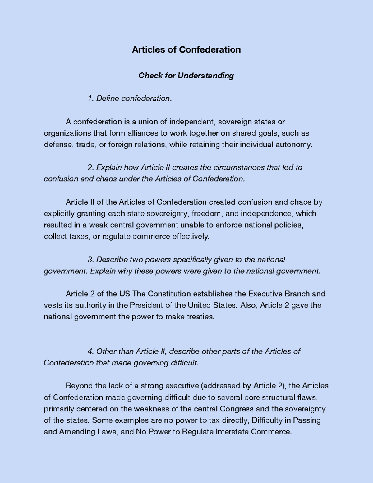 Articles of Confederation - Check for Understanding and Analysis - Studocu