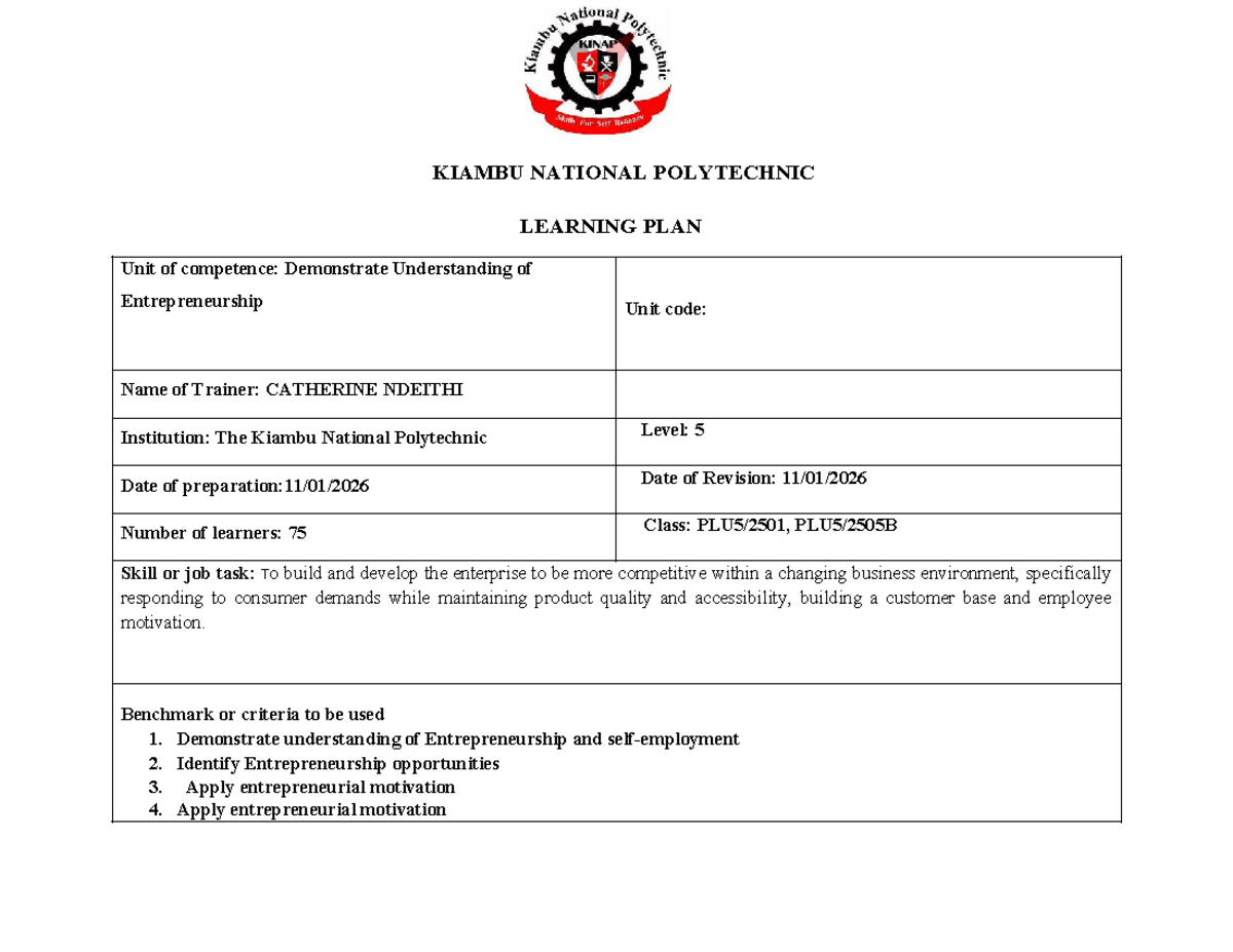 KIAMBU POLYTECHNIC Unit 5: Understanding Entrepreneurship Tools of ...