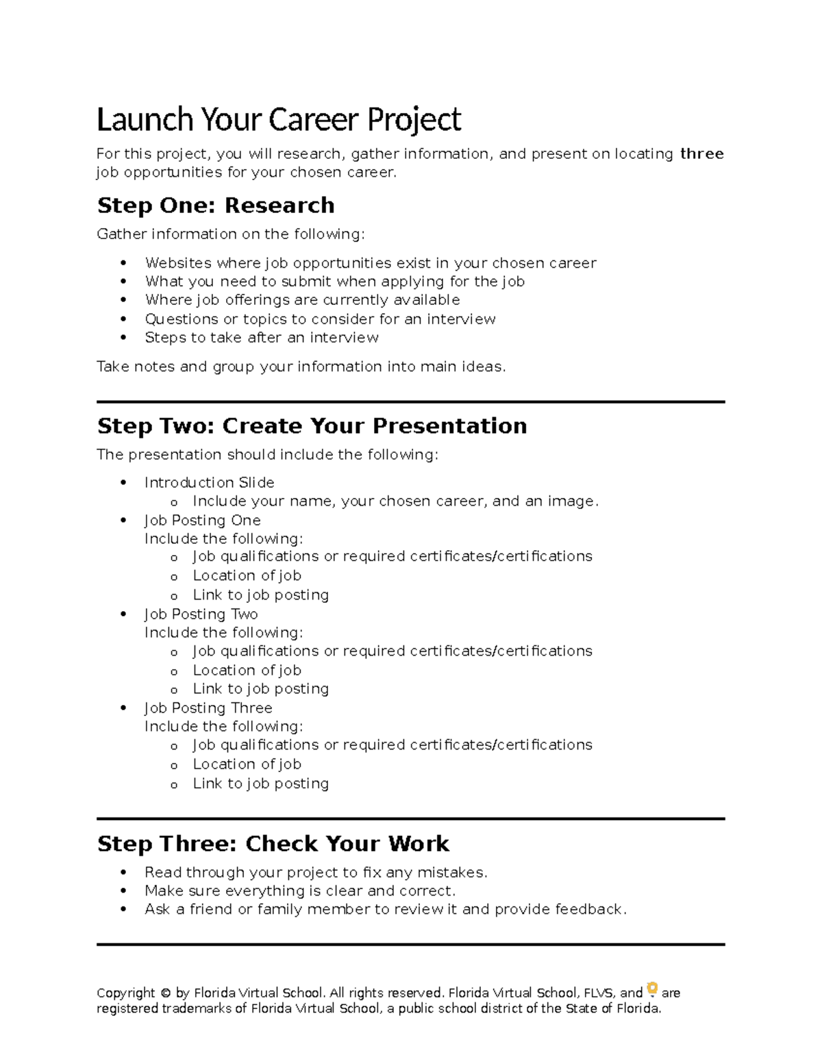 FLVS Career Project: Research & Presentation on Job Opportunities - Studocu