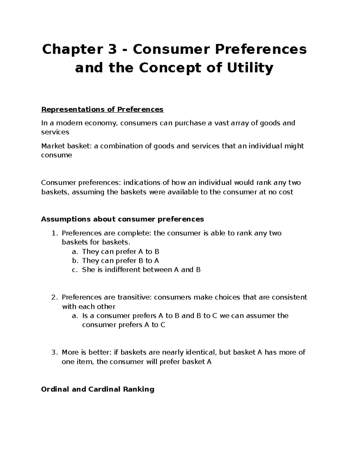 Microeconomics Chapter 3: Consumer Preferences & Utility Concepts - Studocu