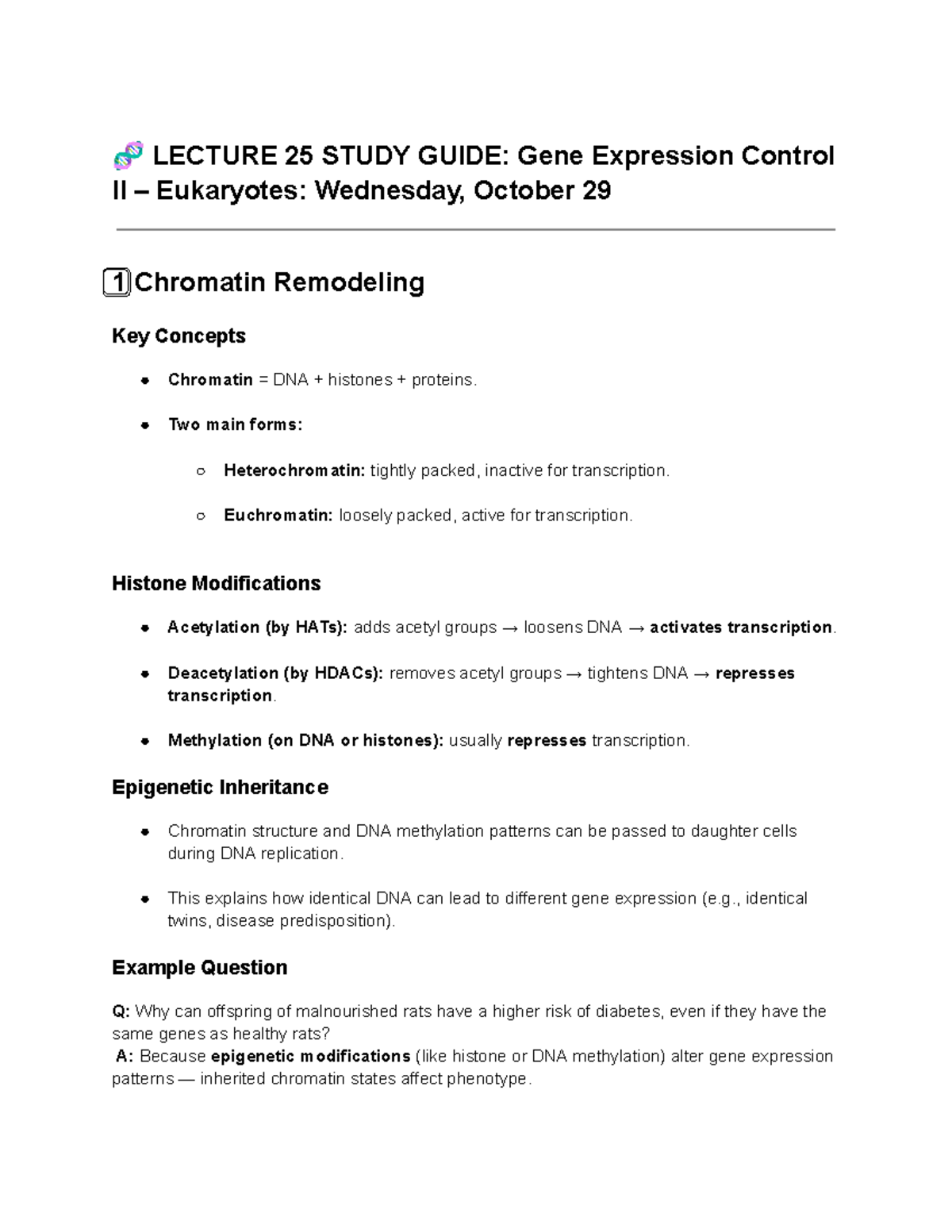 LECTURE 25 STUDY GUIDE: Gene Expression Control II - Eukaryotes - Studocu
