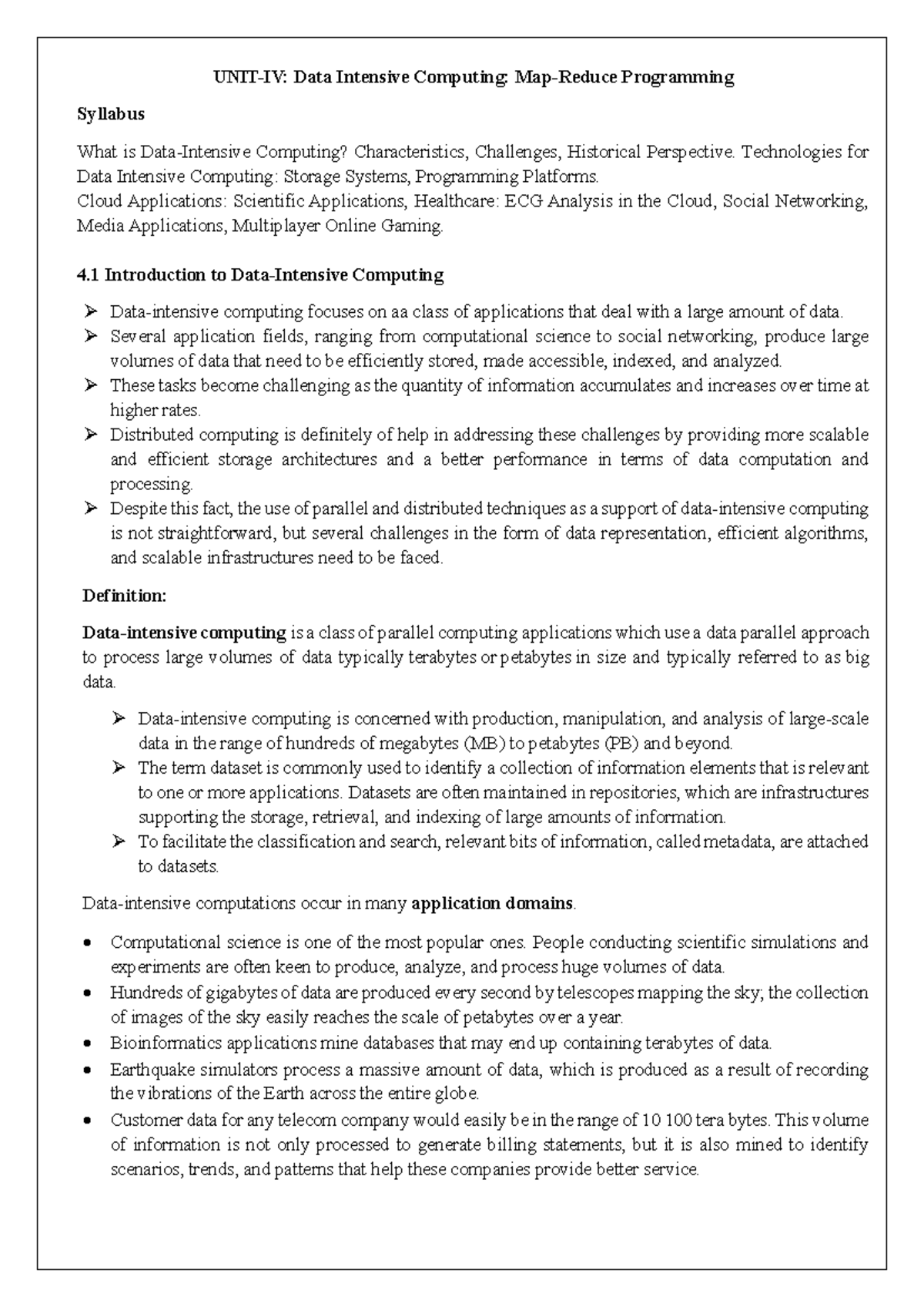 CC UNIT-4 Notes: Data Intensive Computing Overview and Challenges - Studocu