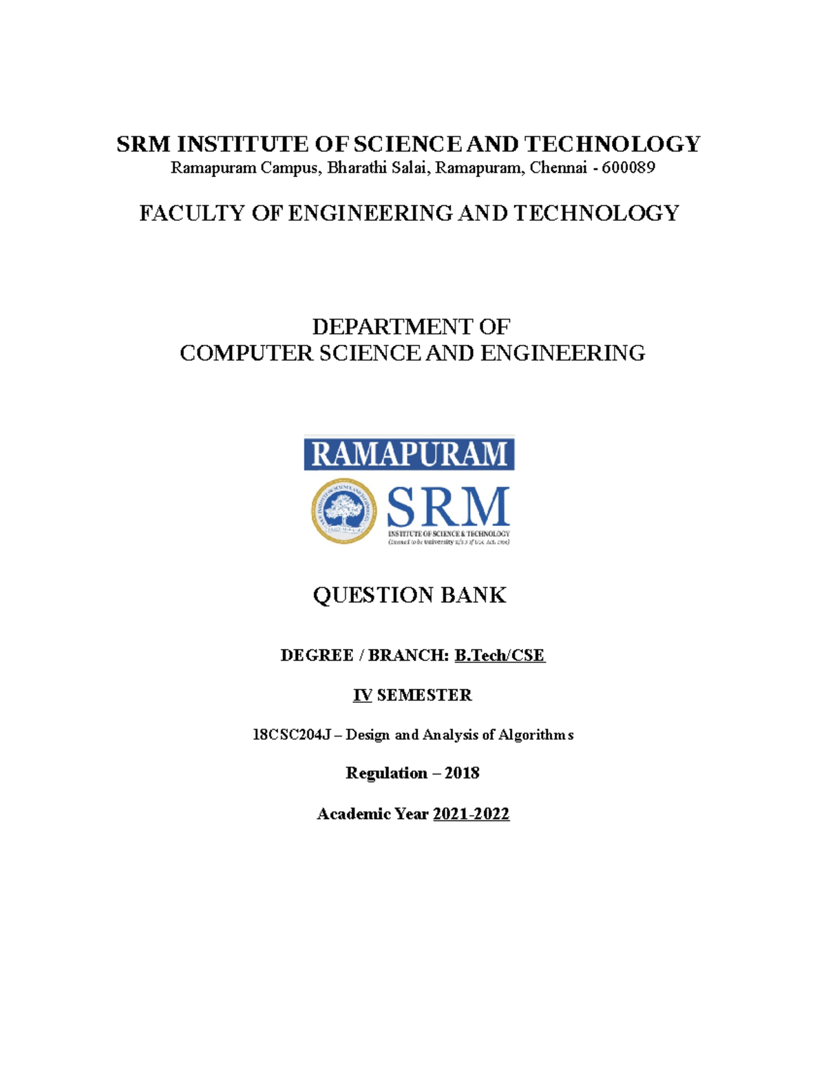 DAA UNIT 2 Question Bank - Design and Analysis of Algorithms (18CSC204J ...