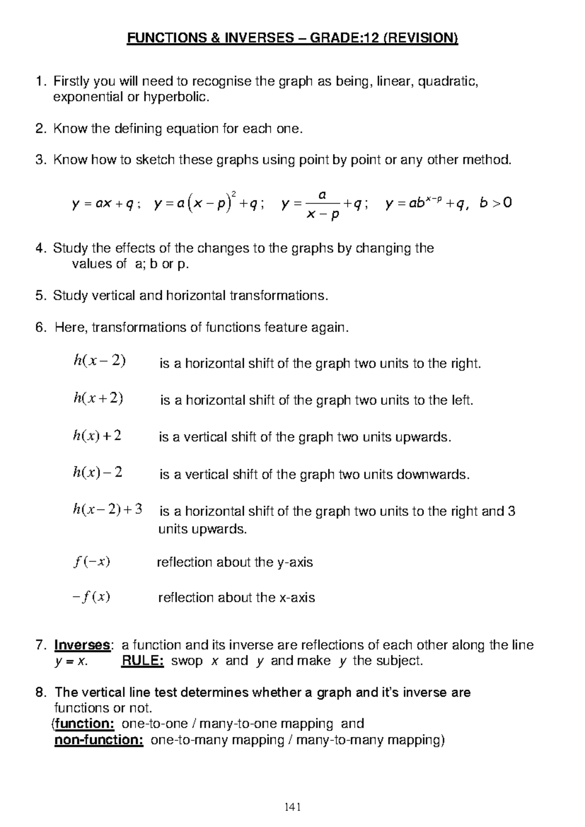 10. Maths Revision - GR 12 Functions & Inverses - FUNCTIONS & INVERSES – GRADE:12 (REVISION ...