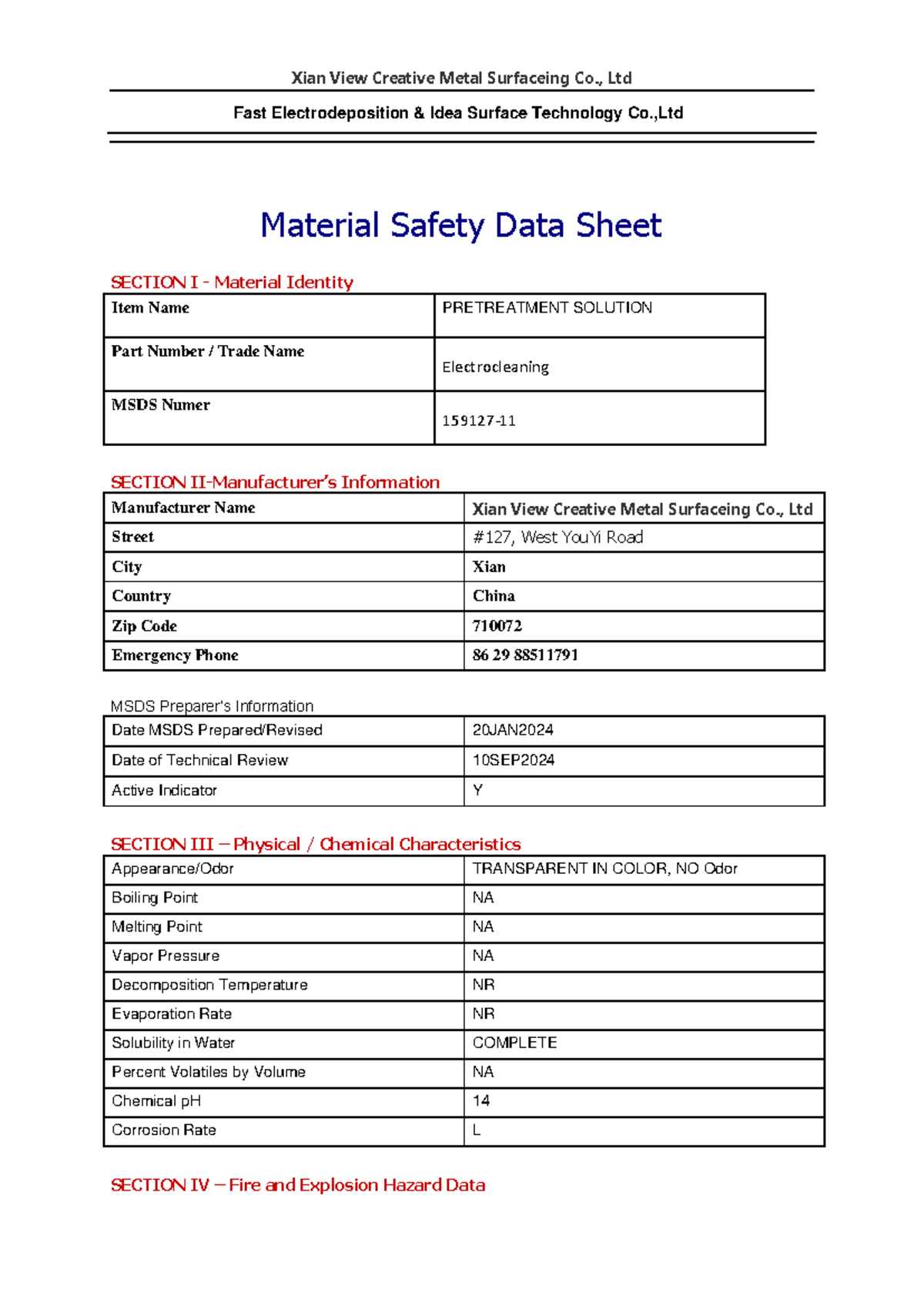 MSDS for Electrocleaning Solution - Xian View Creative Metal Surfaceing ...