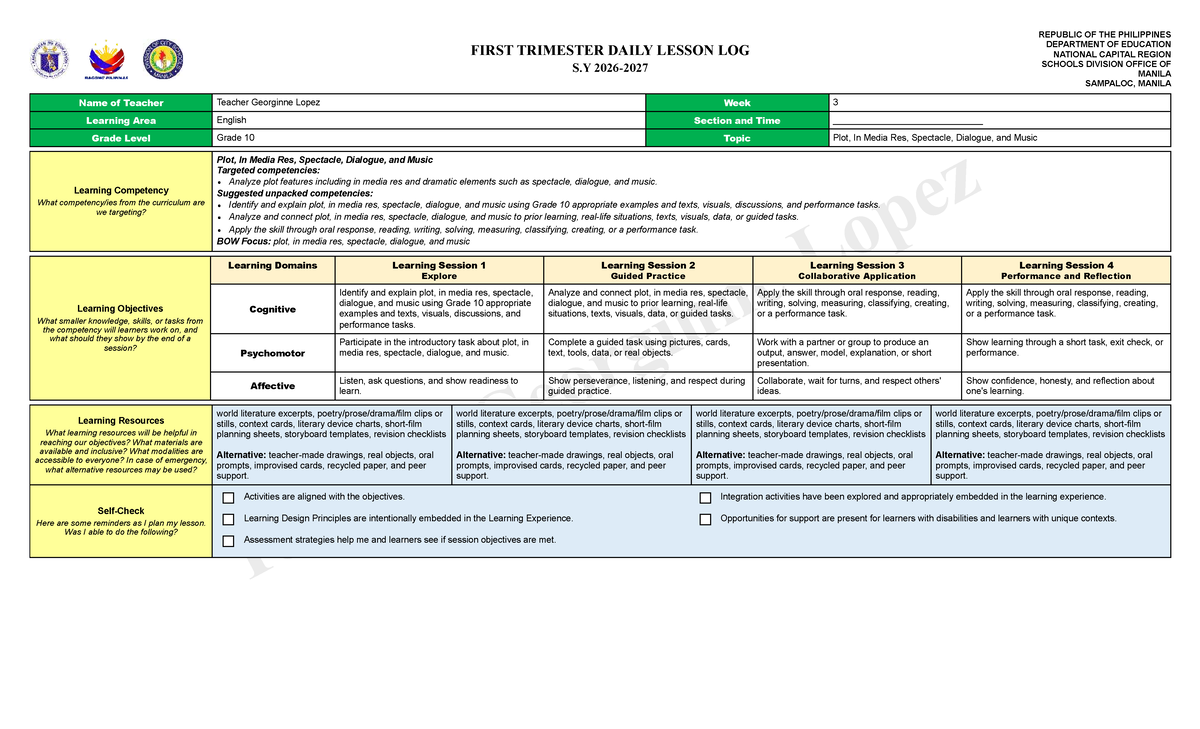 G10 ENG First Trimester Daily Lesson Log: Plot & Media Res - Studocu