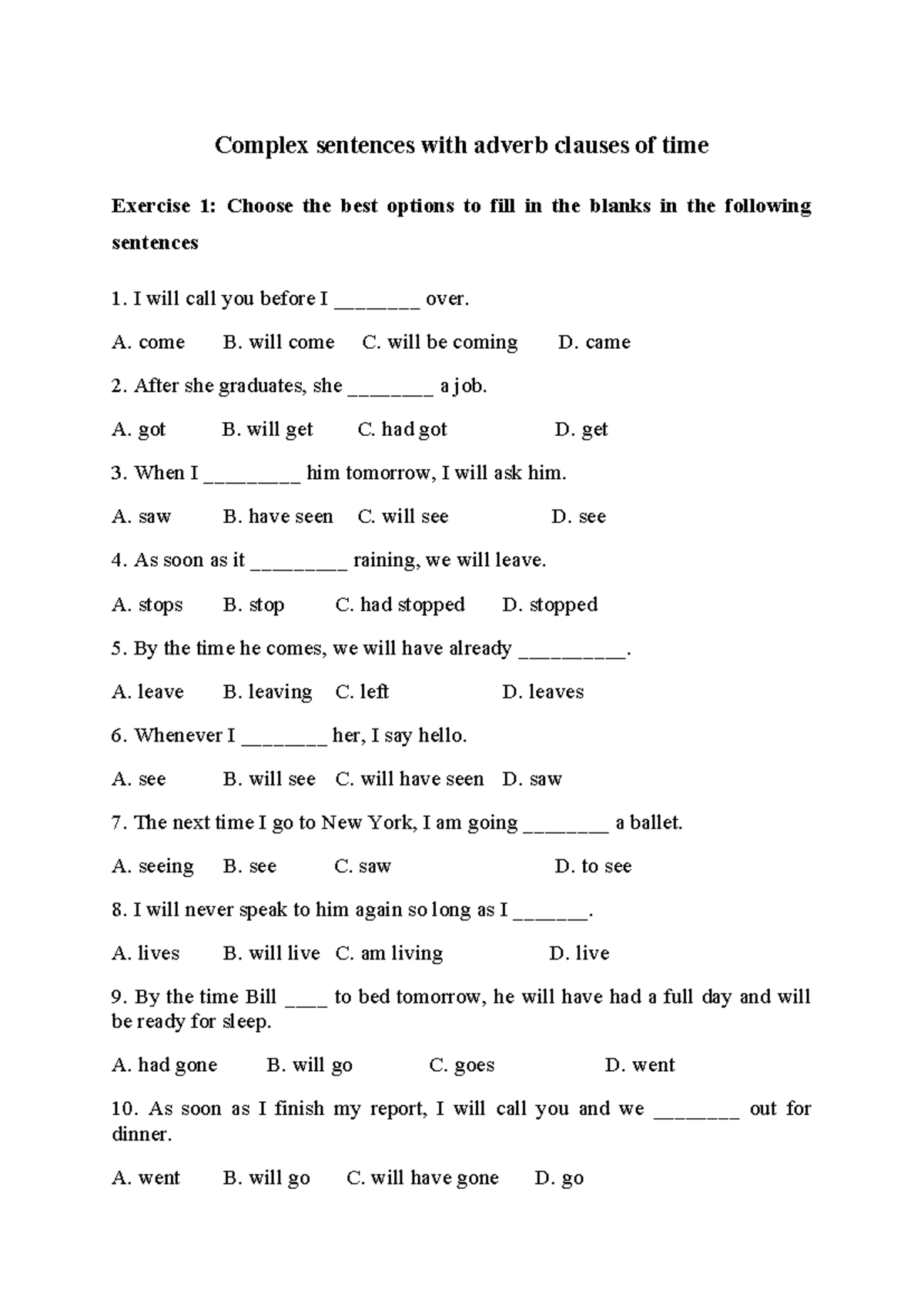 Complex Sentences with Adverb Clauses of Time - Exercise 1 & 2 - Studocu