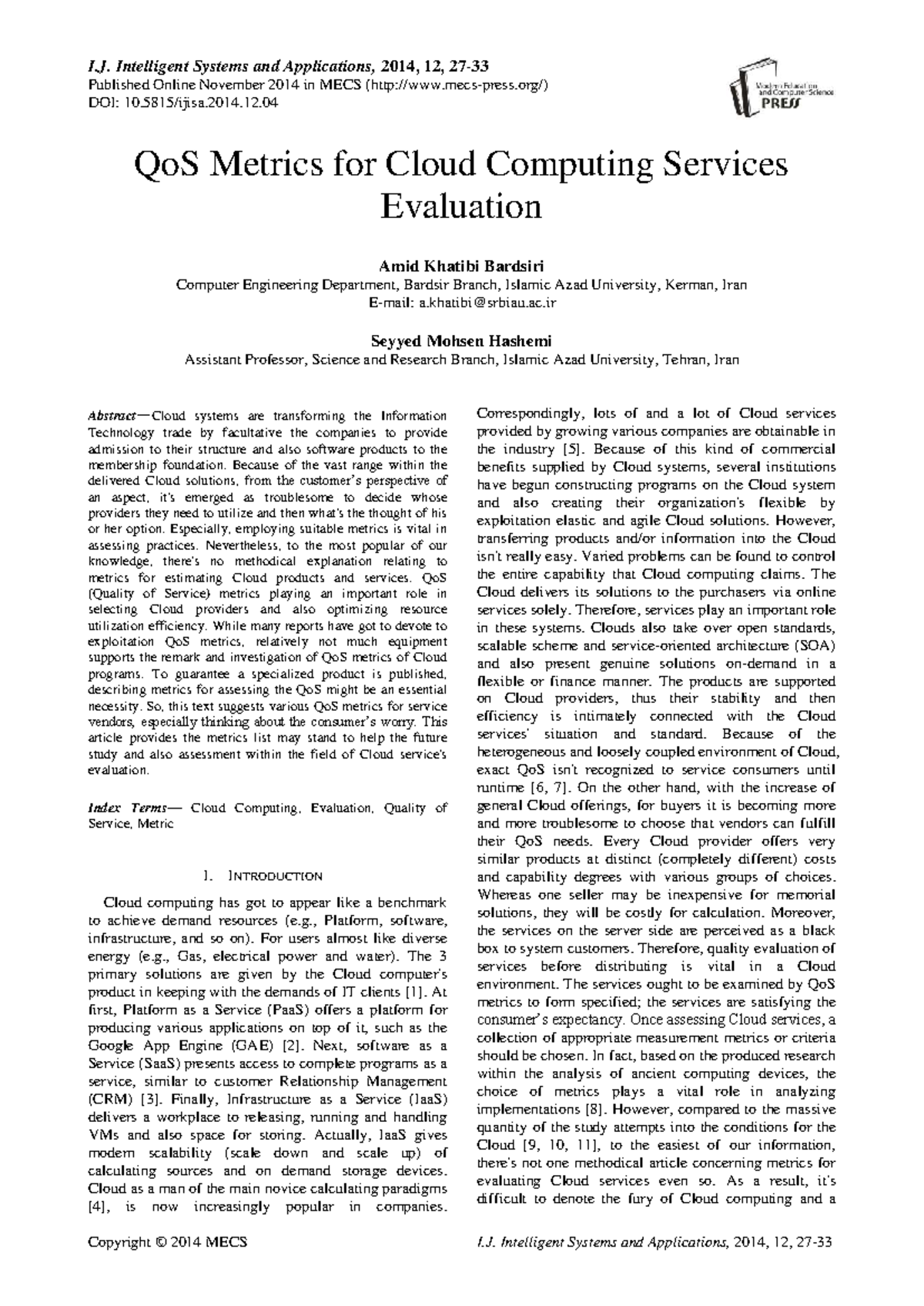 QoS Metrics for Cloud Computing Services Evaluation - Paper 1 CC - Studocu