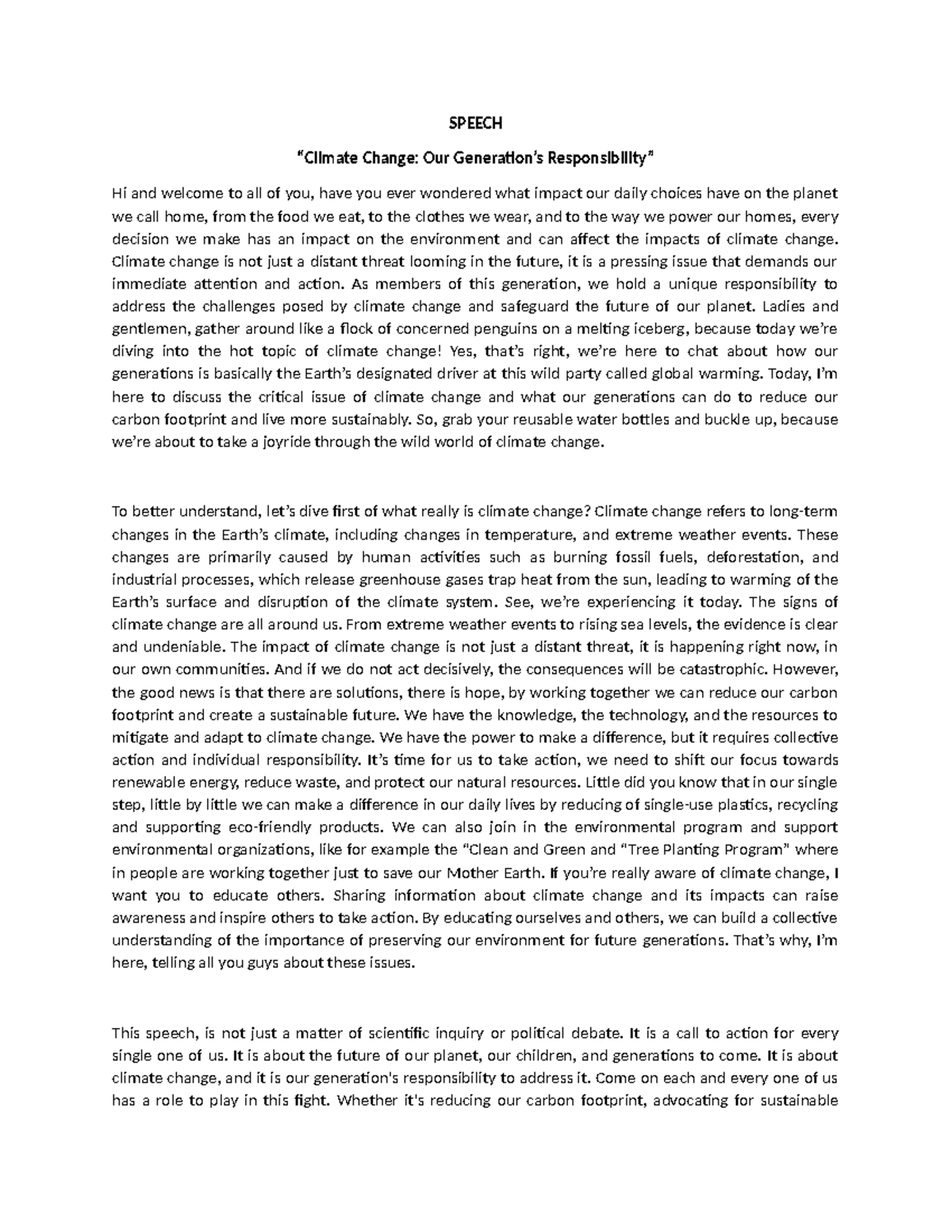 Climate Change - educational purposes - SPEECH “Climate Change: Our ...