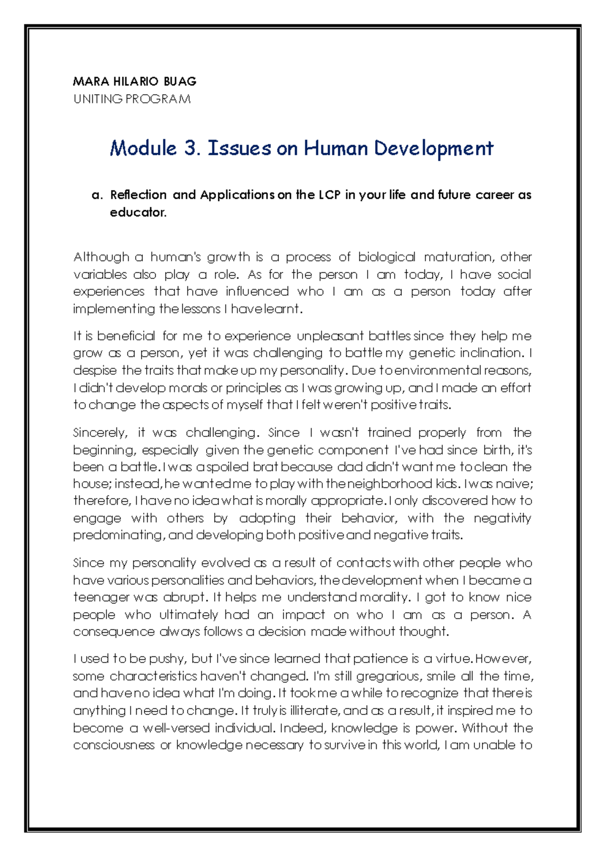 Module 3: Reflection on Human Development & Its Influences - Studocu