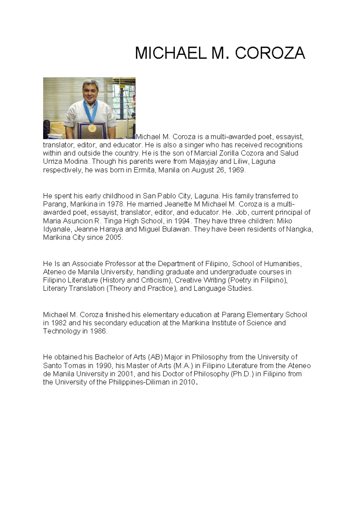 Michael M. Coroza: Poet, Educator & Advocate for Filipino Literature ...