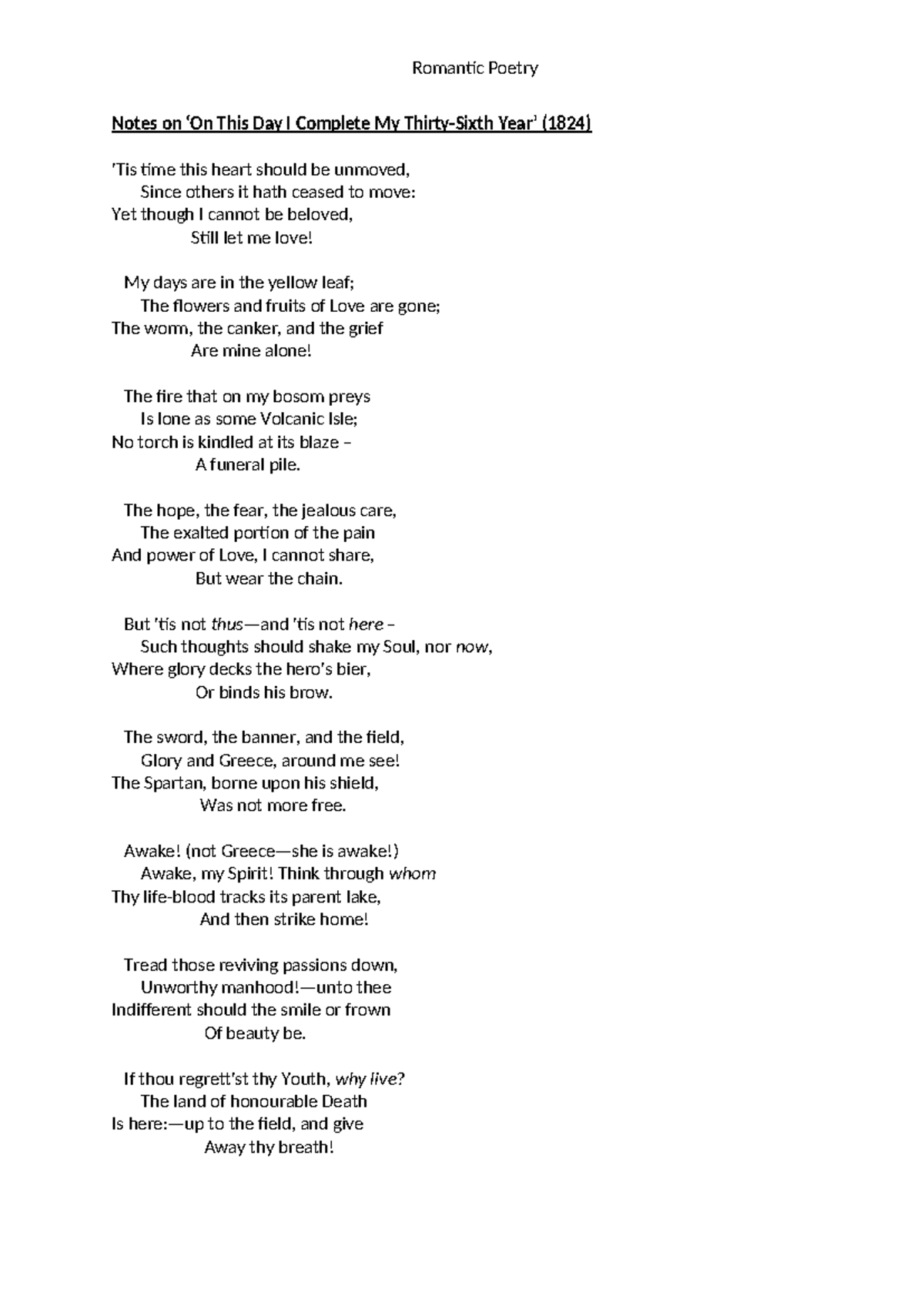 Essay Notes on Byron's 'On This Day I Complete My Thirty-Sixth Year ...