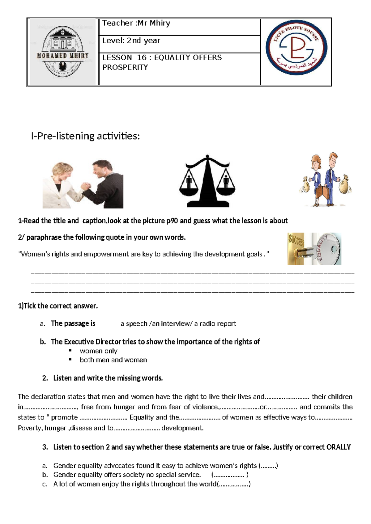 Lesson 16: Equality Offers Prosperity - 2nd Year Activities and ...