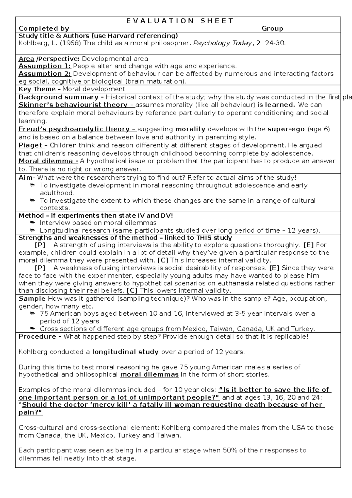 Kohlberg's Moral Development Study - Evaluation Summary E-sheet - Studocu