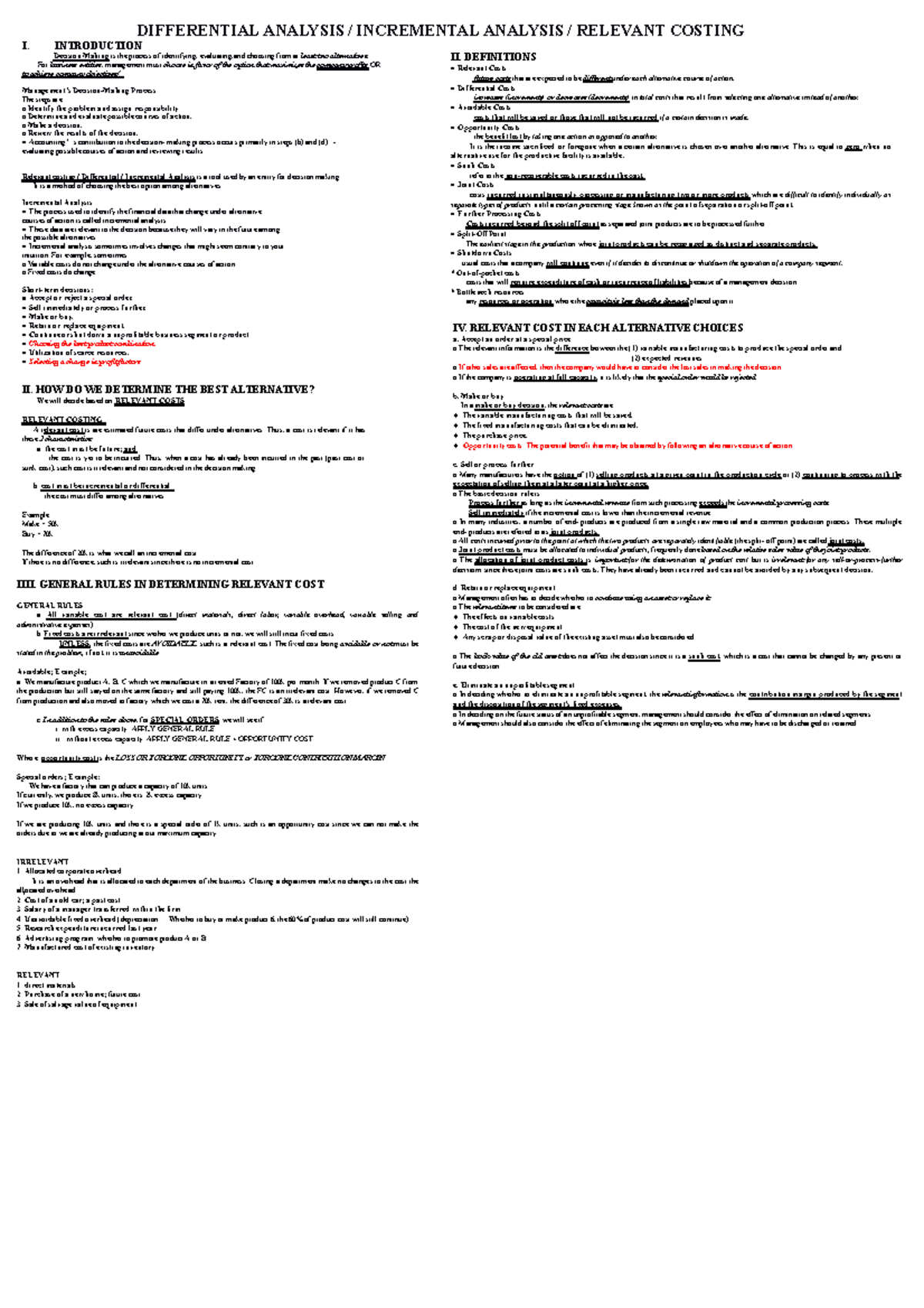 Relevant Costing: Differential & Incremental Analysis Overview (ACC 101) - Studocu