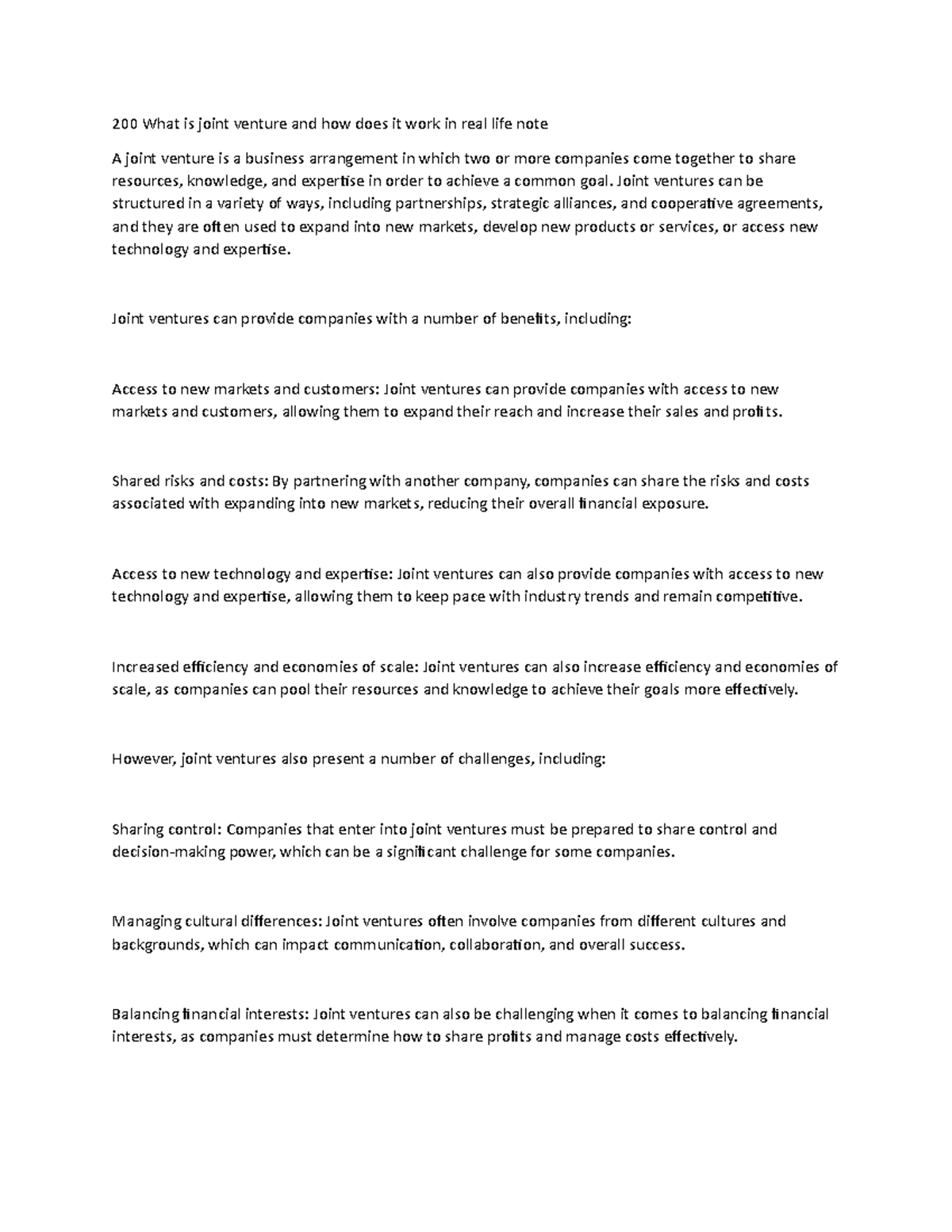 200 Understanding Joint Ventures: Their Mechanisms and Real-World ...